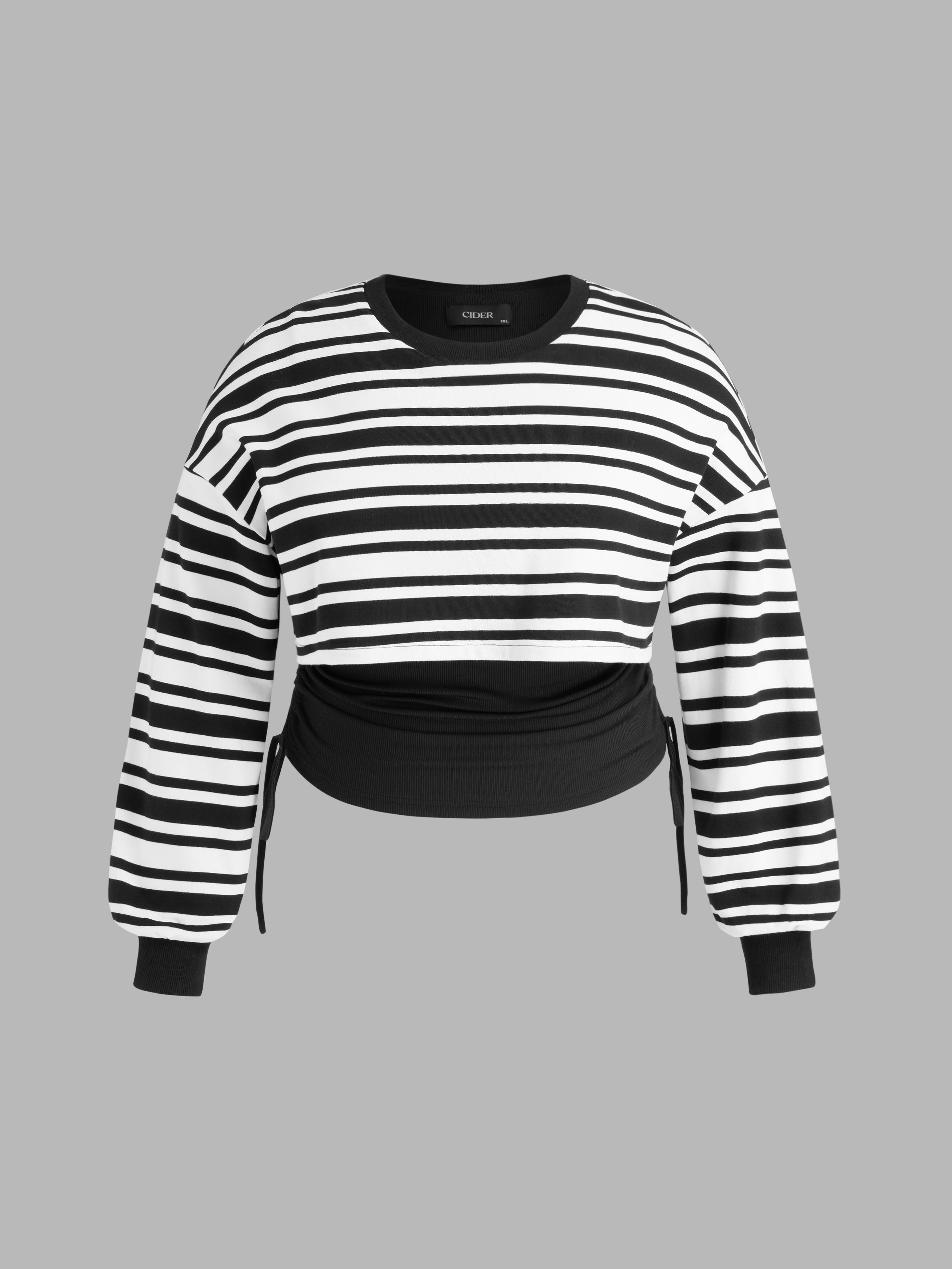 Knit Fabric Round Neckline Striped Drawstring Sweatshirt Curve & Plus ...