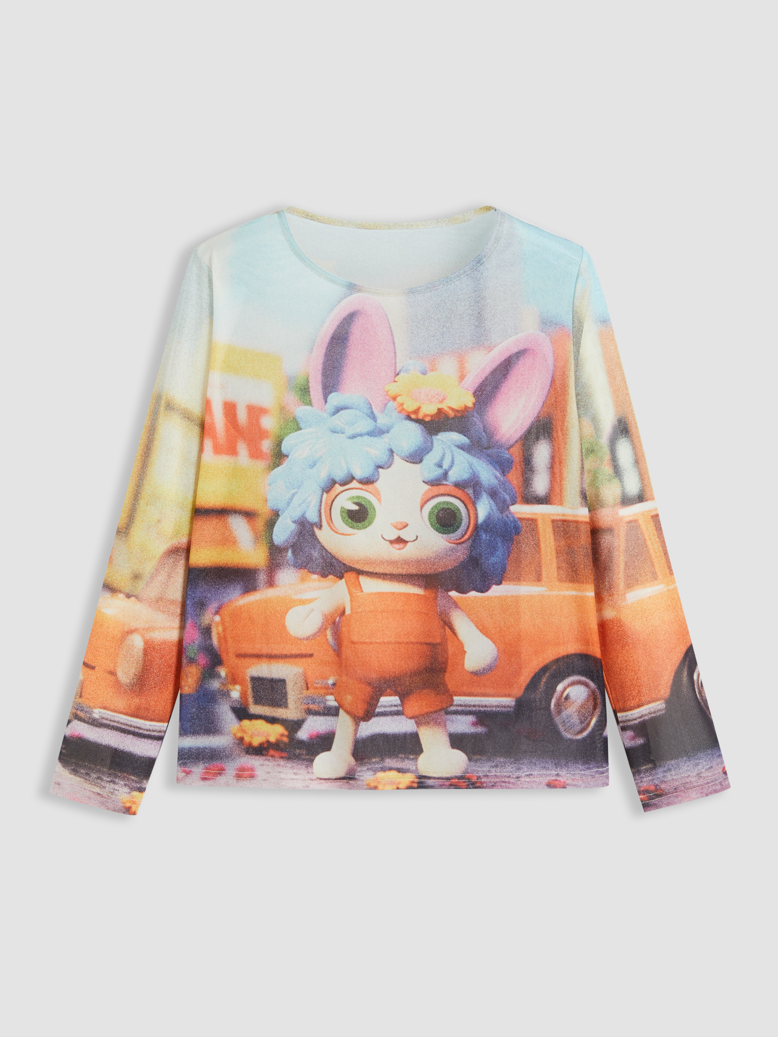 Mesh Round Neckline Cartoon Long Sleeve Top Curve & Plus For Daily Casual