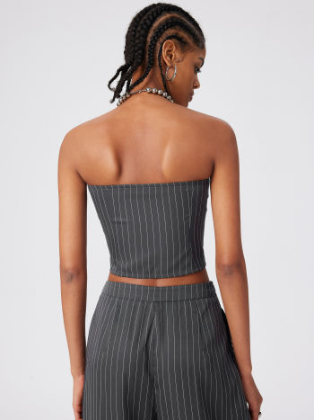 Woven Striped Fold Over Button Tube Top For Holiday