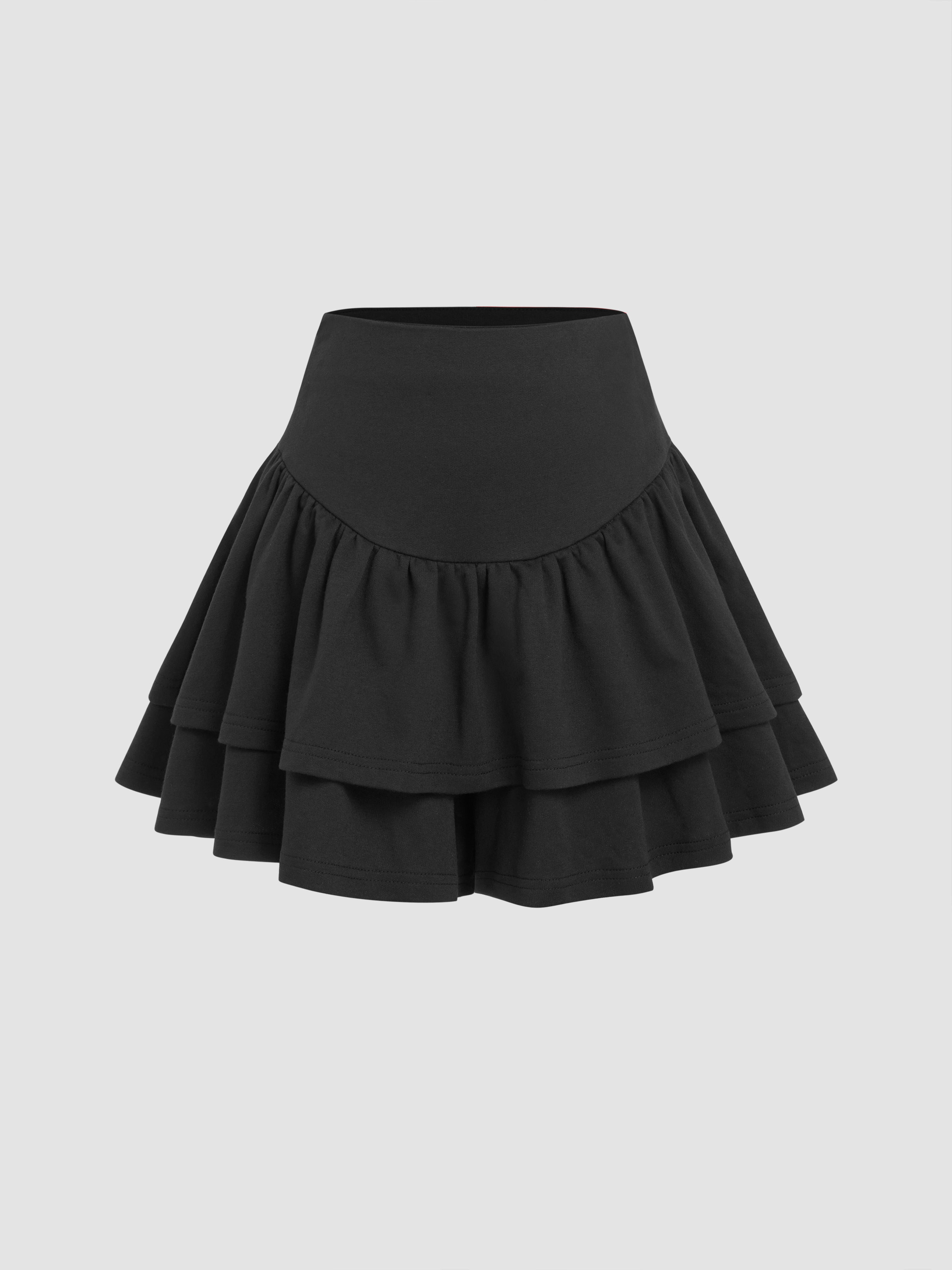 Knit Fabric Middle Waist Solid Ruffle Skort For Daily Casual