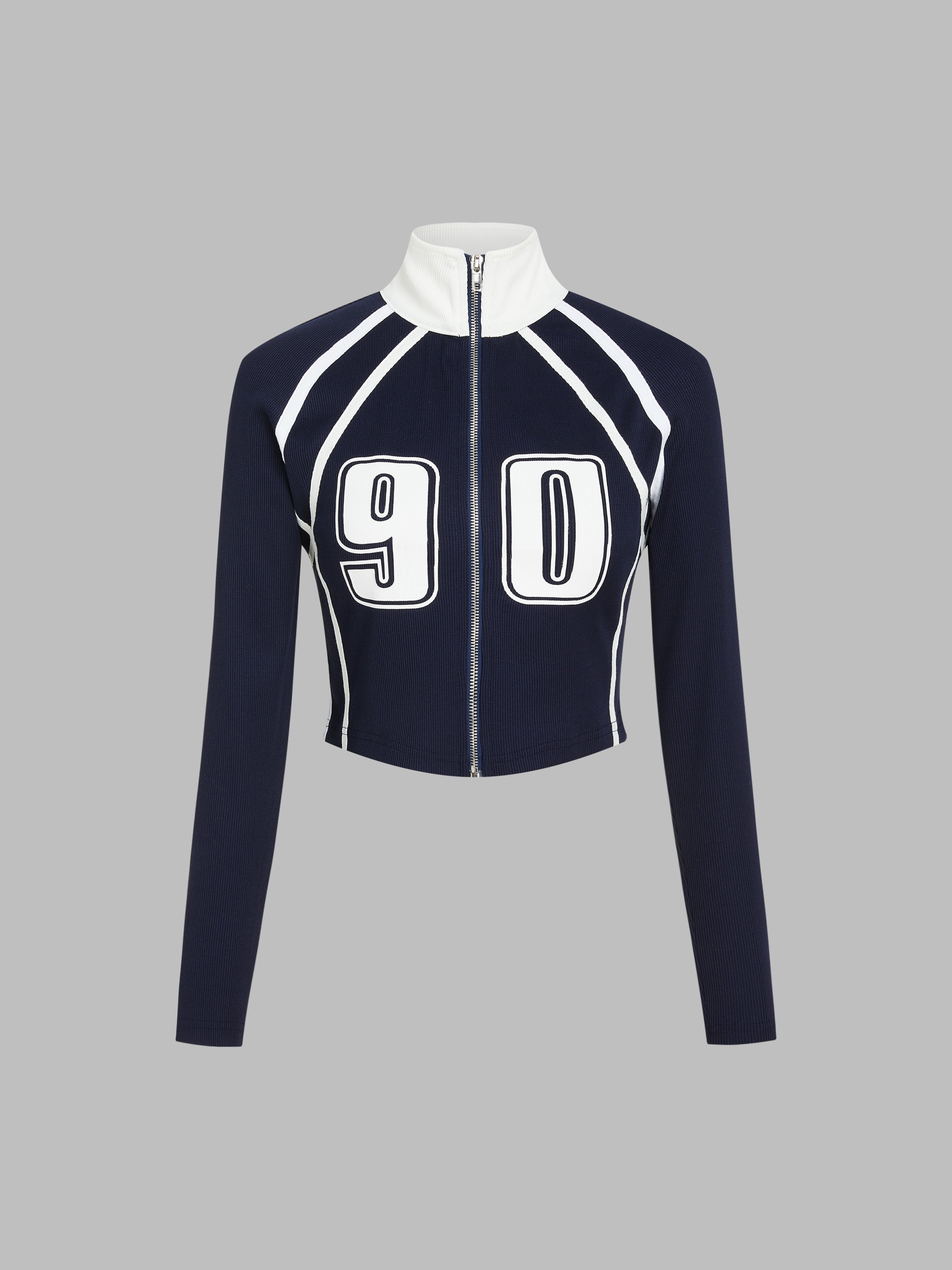 90 Stand Collar Zipper Long Sleeve Crop Top For School Daily Casual