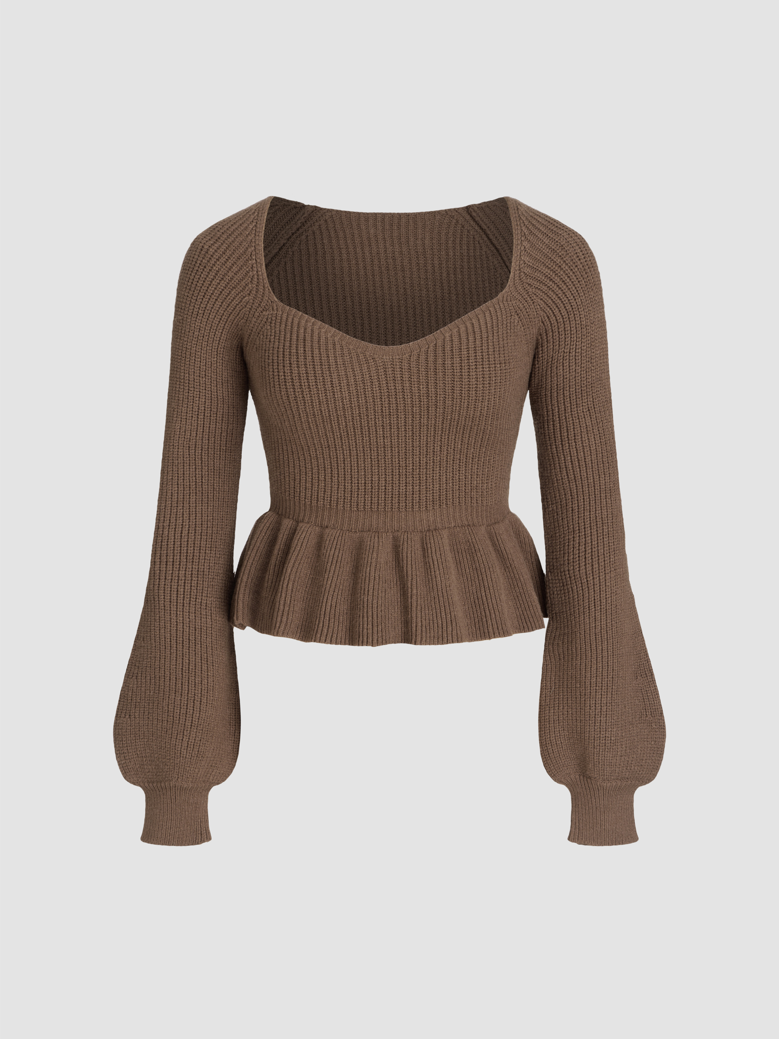 U-neckline Knitted Long Sleeve Top - Cider