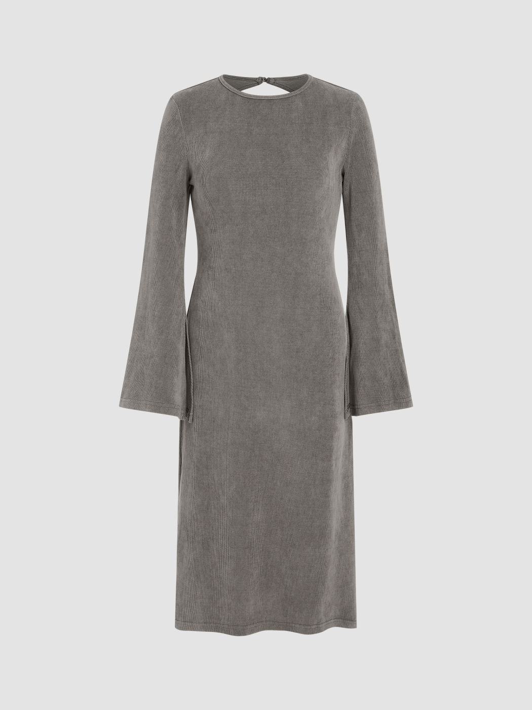 Rib Round Neck Solid Backless Bell Sleeve Midi Dress - Cider