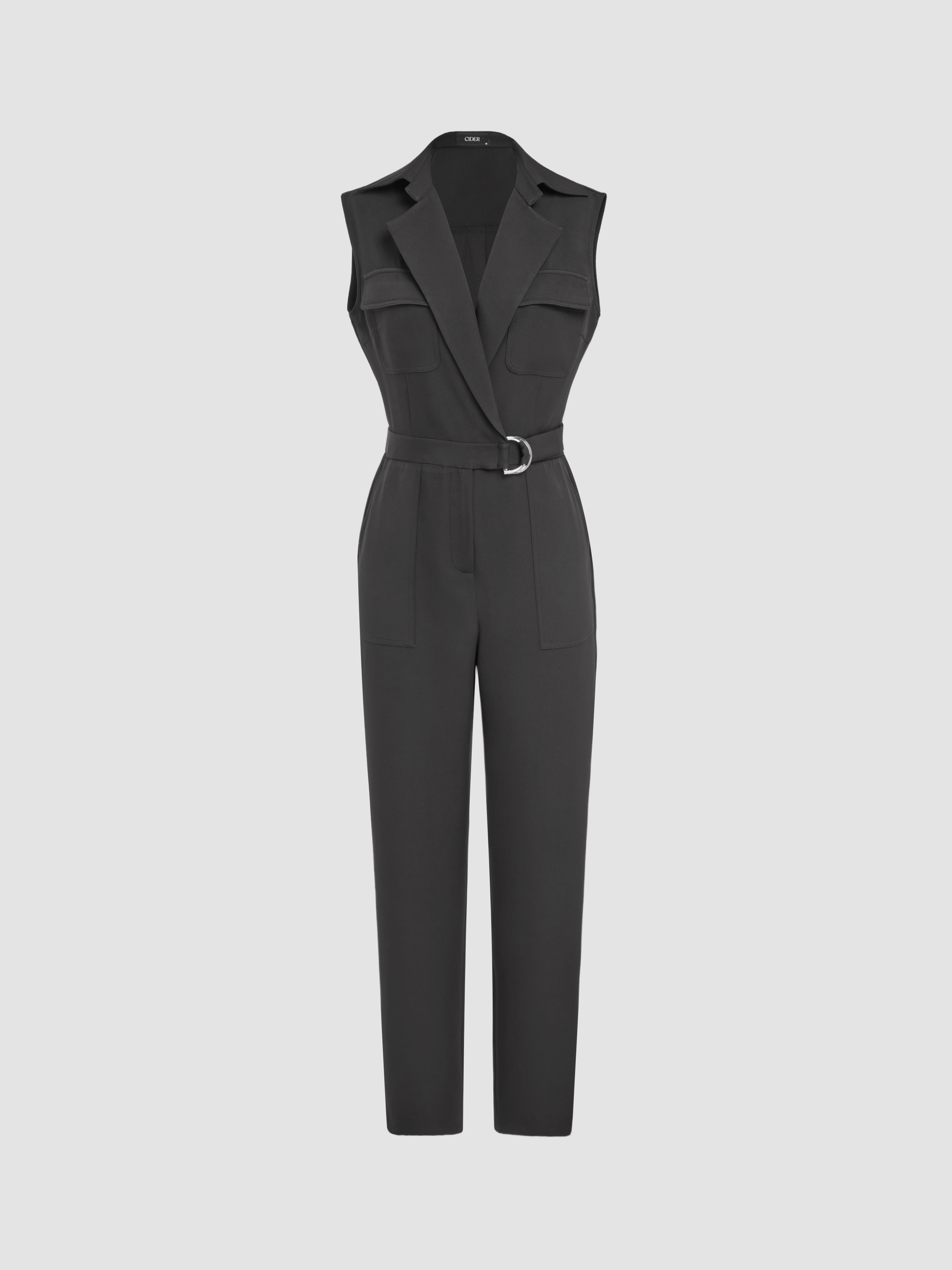 Sleeveless Collar Solid Pocket Belted Jumpsuit - Cider