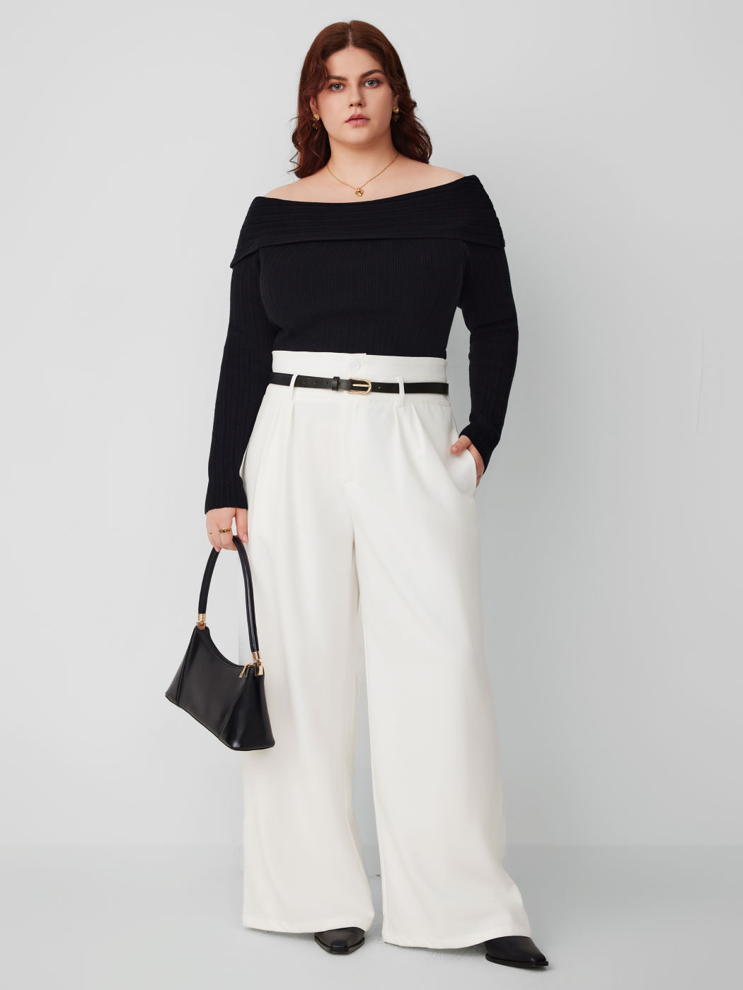 Knit Fabric Off Shoulder Solid Knitted Long Sleeve Top Curve And Plus For