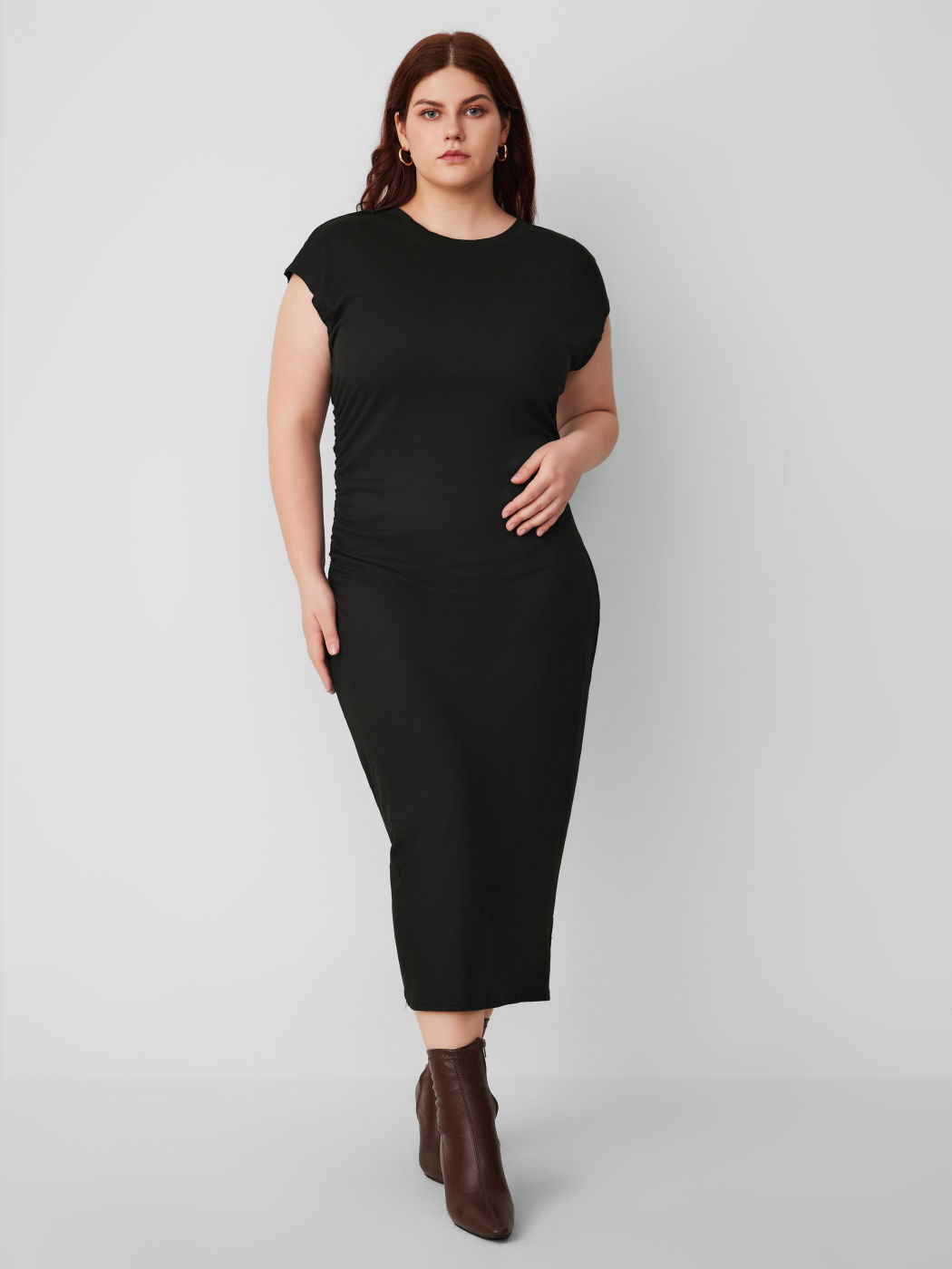 Knit Fabric Round Neckline Ruched Midi Dress Curve And Plus For Daily Casual