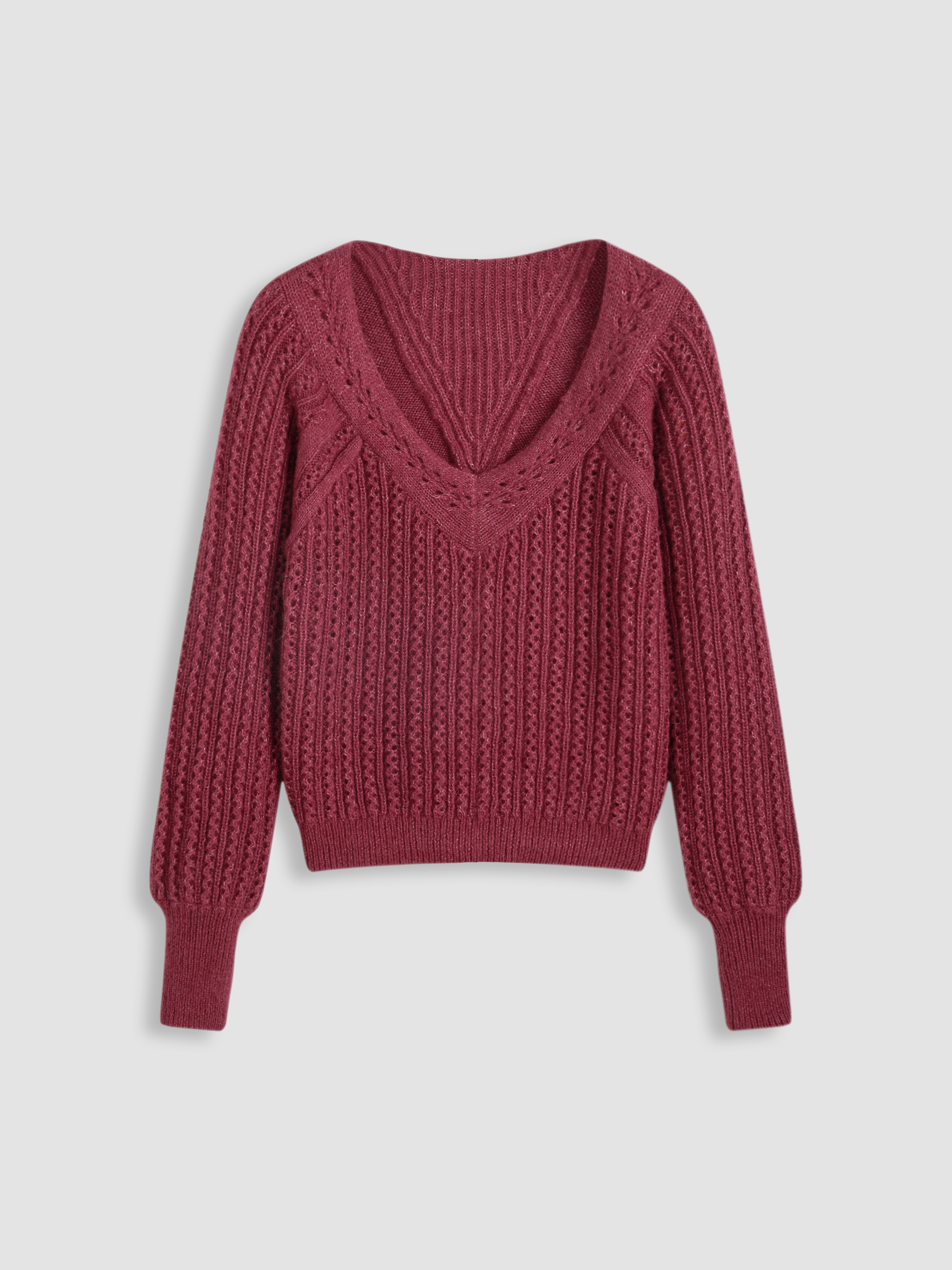 Wool-blend V-neck Knitted Long Sleeve Top - Cider