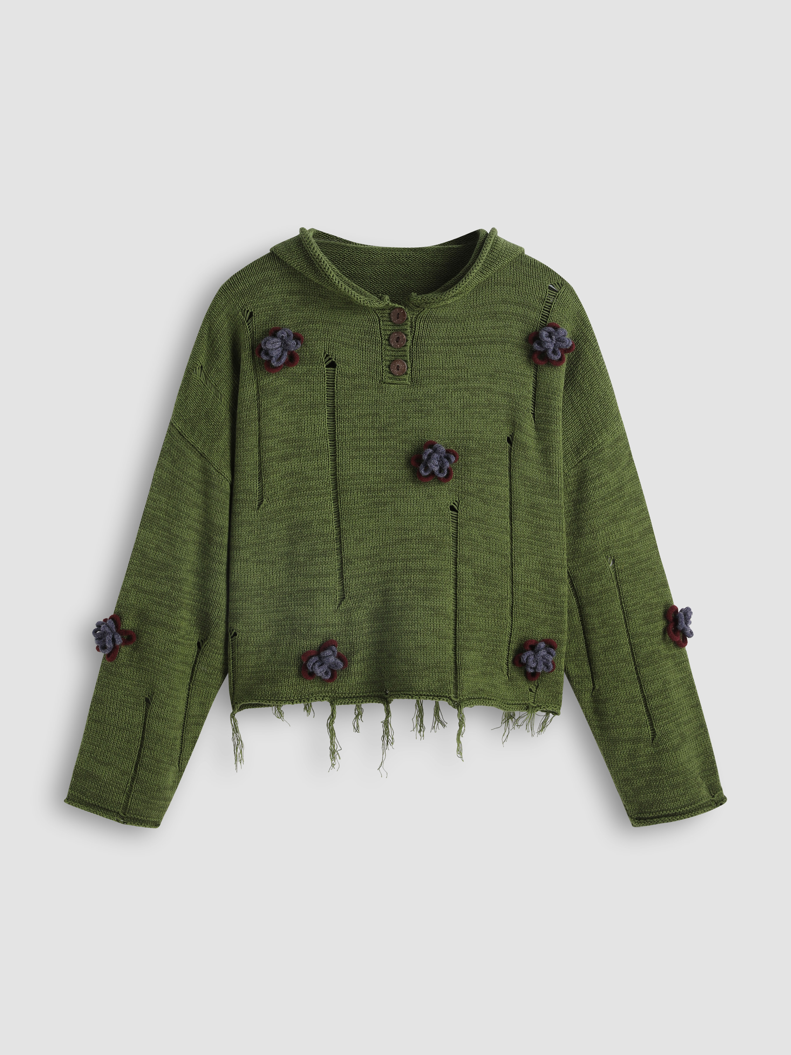 Floral Tassel Ripped Knitted Long Sleeve Hoodie Curve & Plus For Vacation