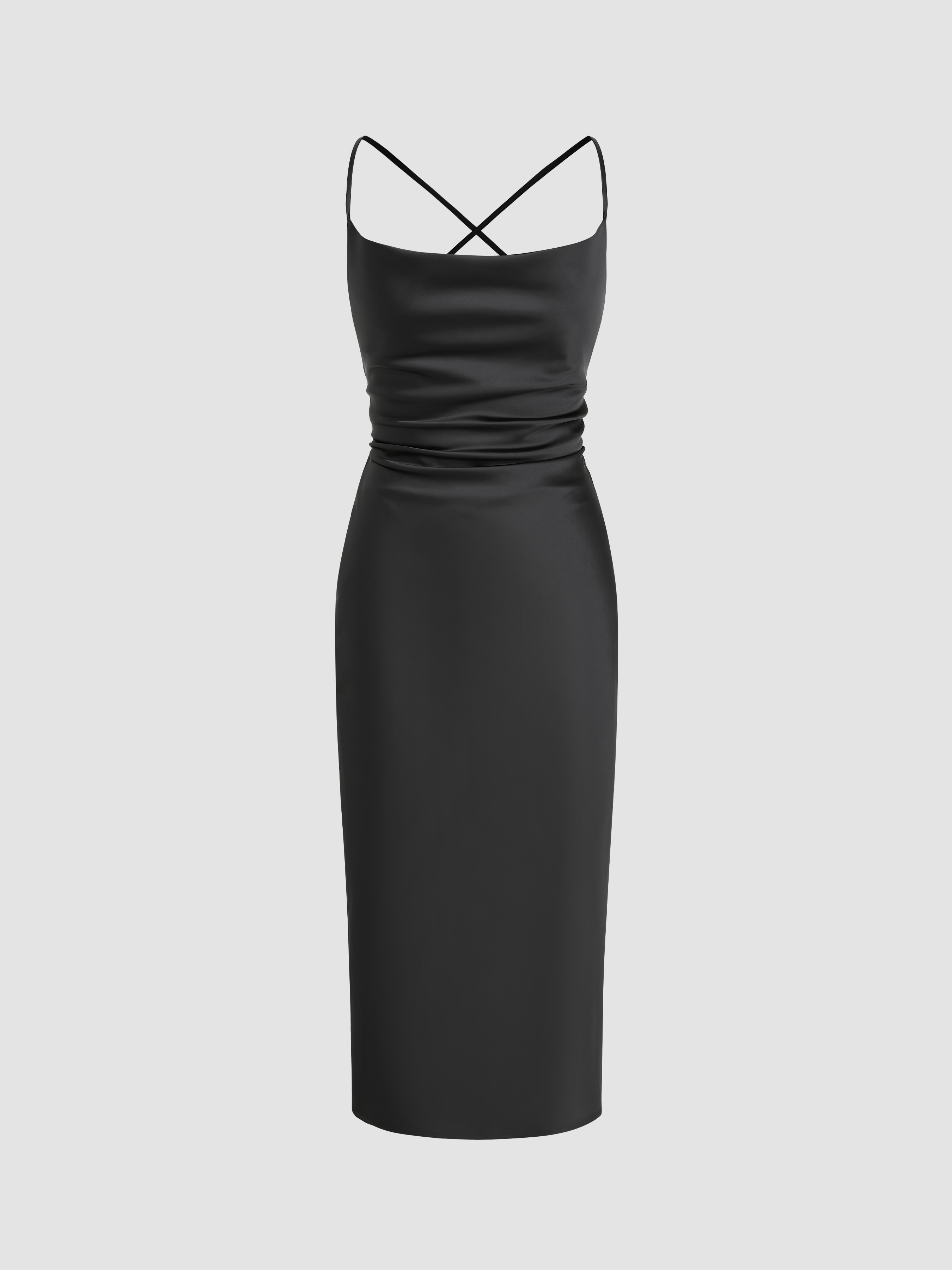 Satin Shop Satin Cowl Neck Lace Up Ruched Backless Midi Dress For Date