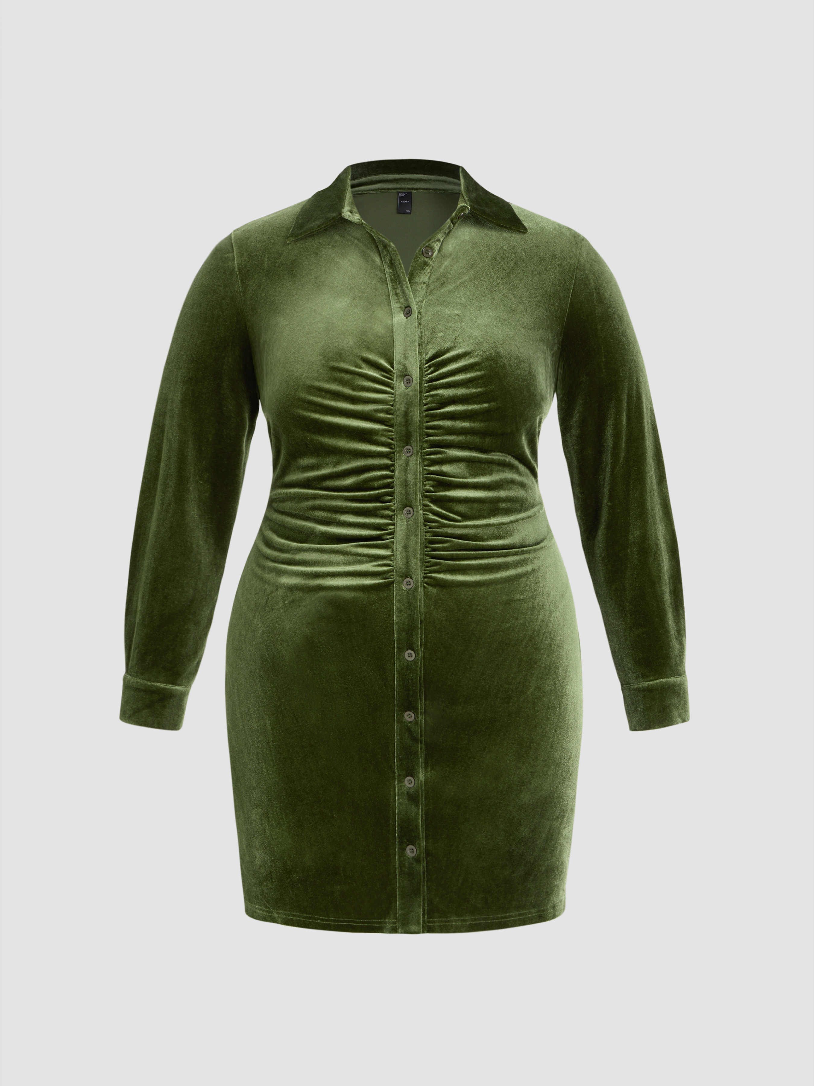 Velvet Collar Solid Button Ruched Mini Dress Curve & Plus - Cider