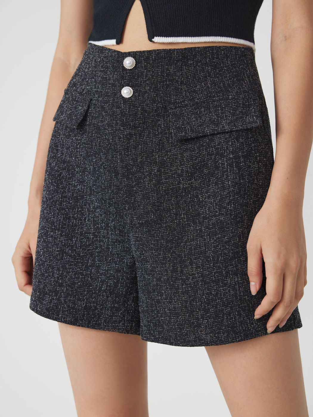 Tweed High Waist Faux Pearl Button Shorts For Daily Casual Coffee Shop Work