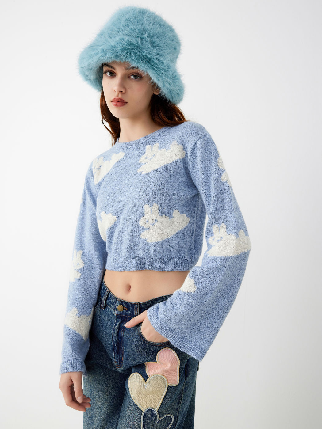 Knit Fabric Round Neckline Rabbit Knitted Crop Sweater For School Daily ...