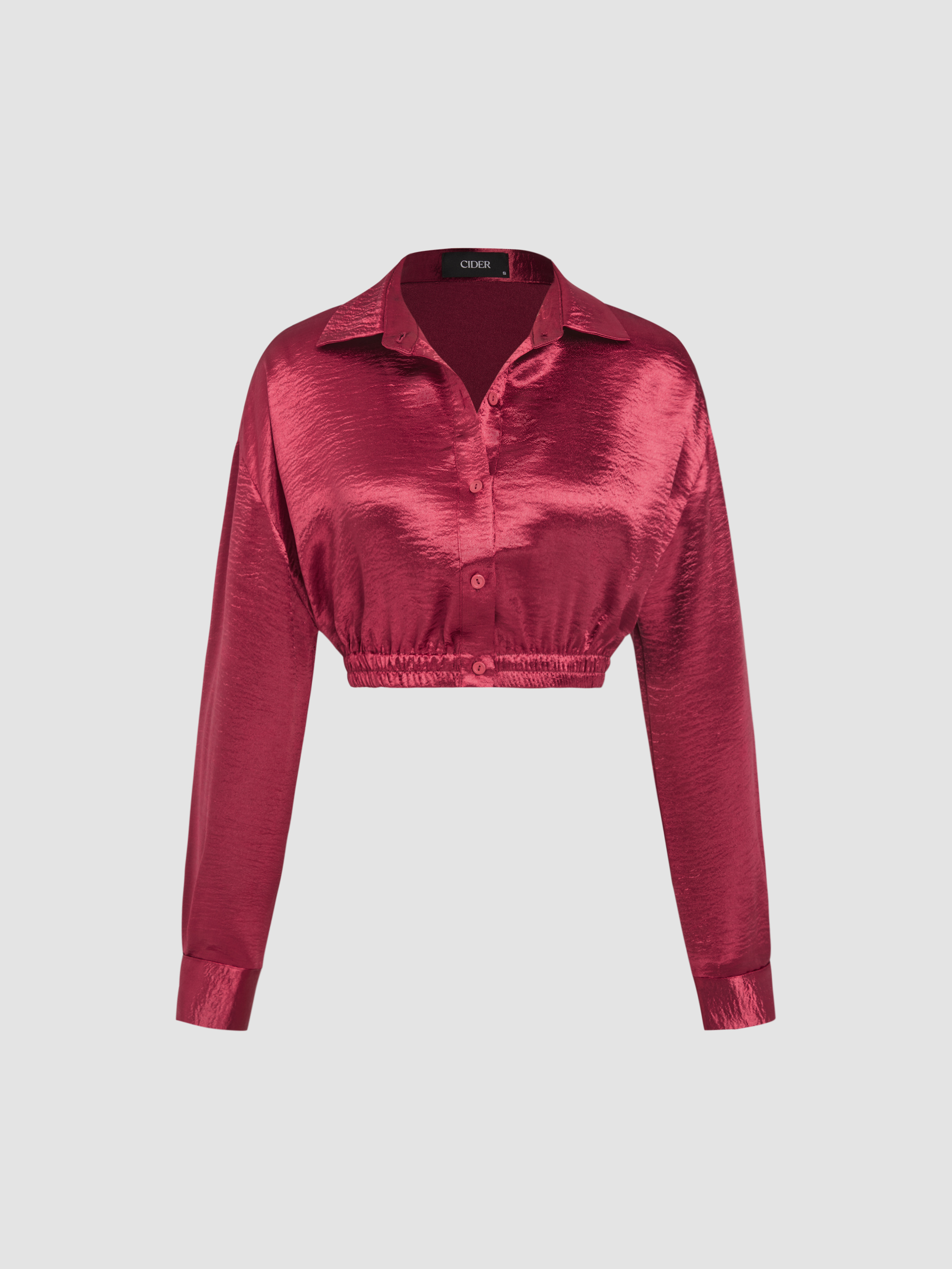 Satin Satin Polo Solid Button Long Sleeve Crop Blouse For Daily Casual Work