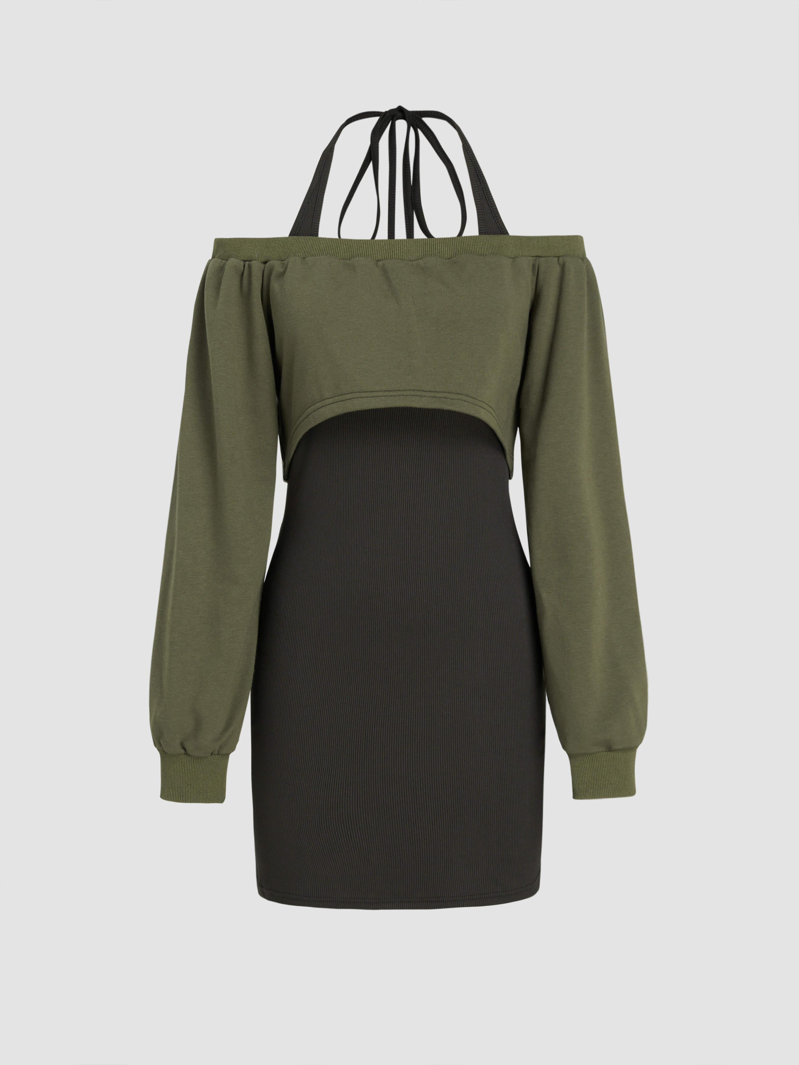 Halter Neck Solid Drawstring Mini Dress With Shrug For Daily Casual