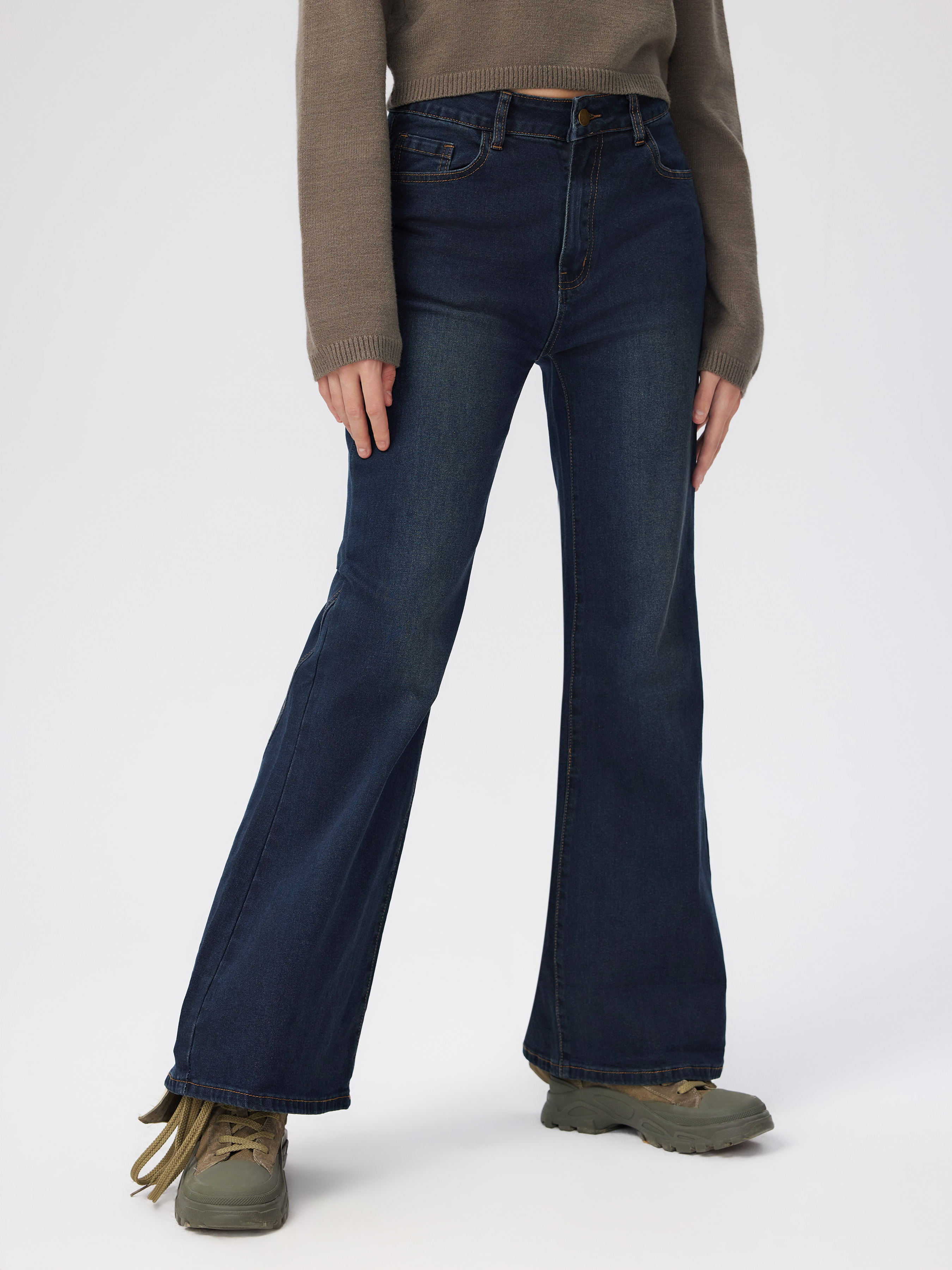 High Waist Solid Belted Flared Jeans - Cider