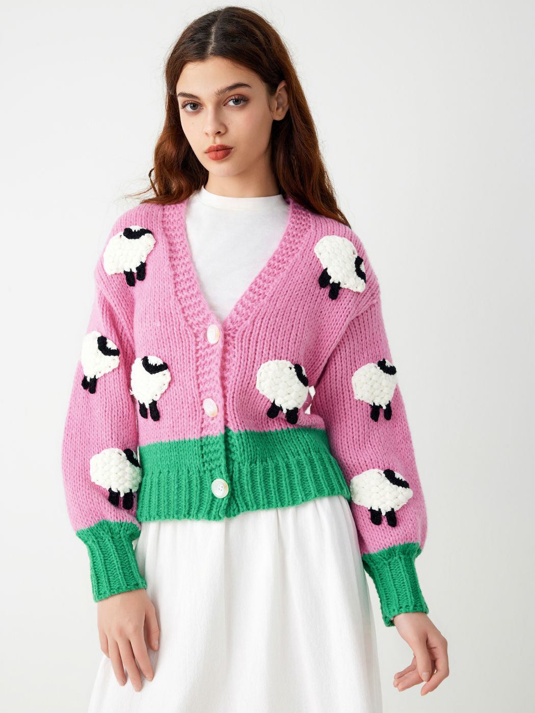 V-neck Sheep Button Patchwork Cardigan - Cider