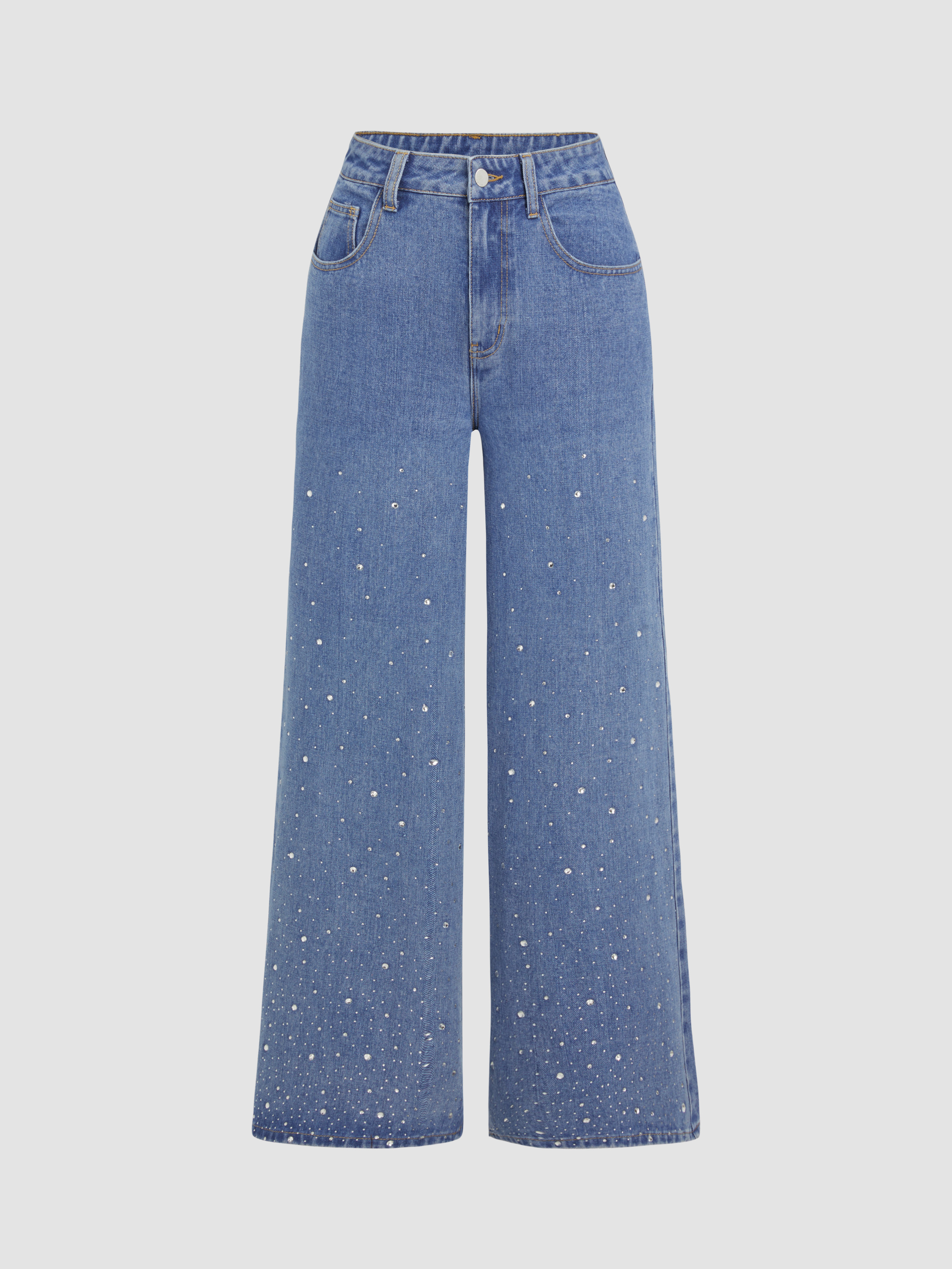Middle Waist Solid Rhinestone Pocket Wide Leg Jeans - Cider