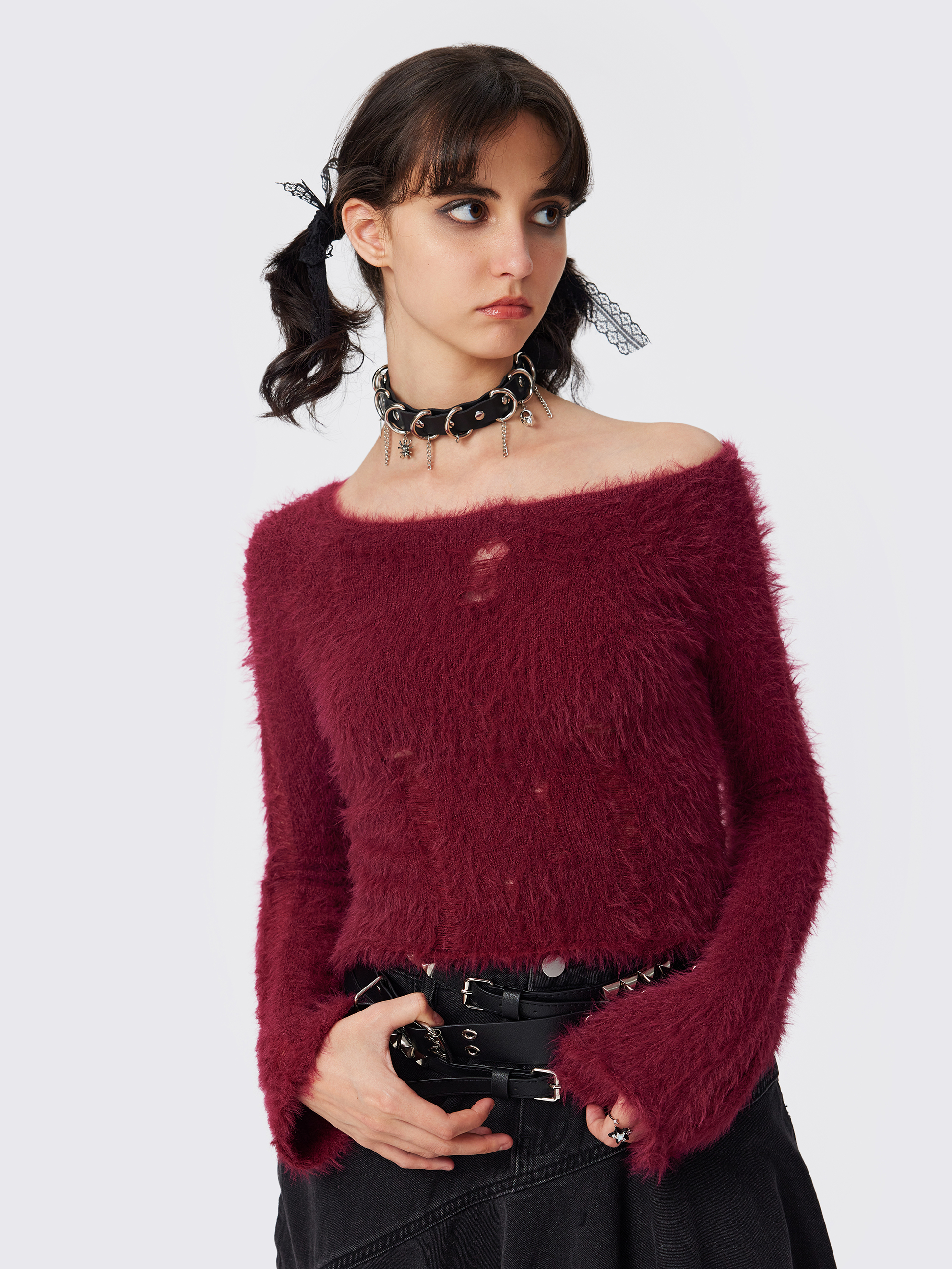 Christmas Knit Fabric Faux Fur Ripped Sweater For Daily Casual Christmas Knit Fabric Faux Fur Ripped Sweater For Daily Casual