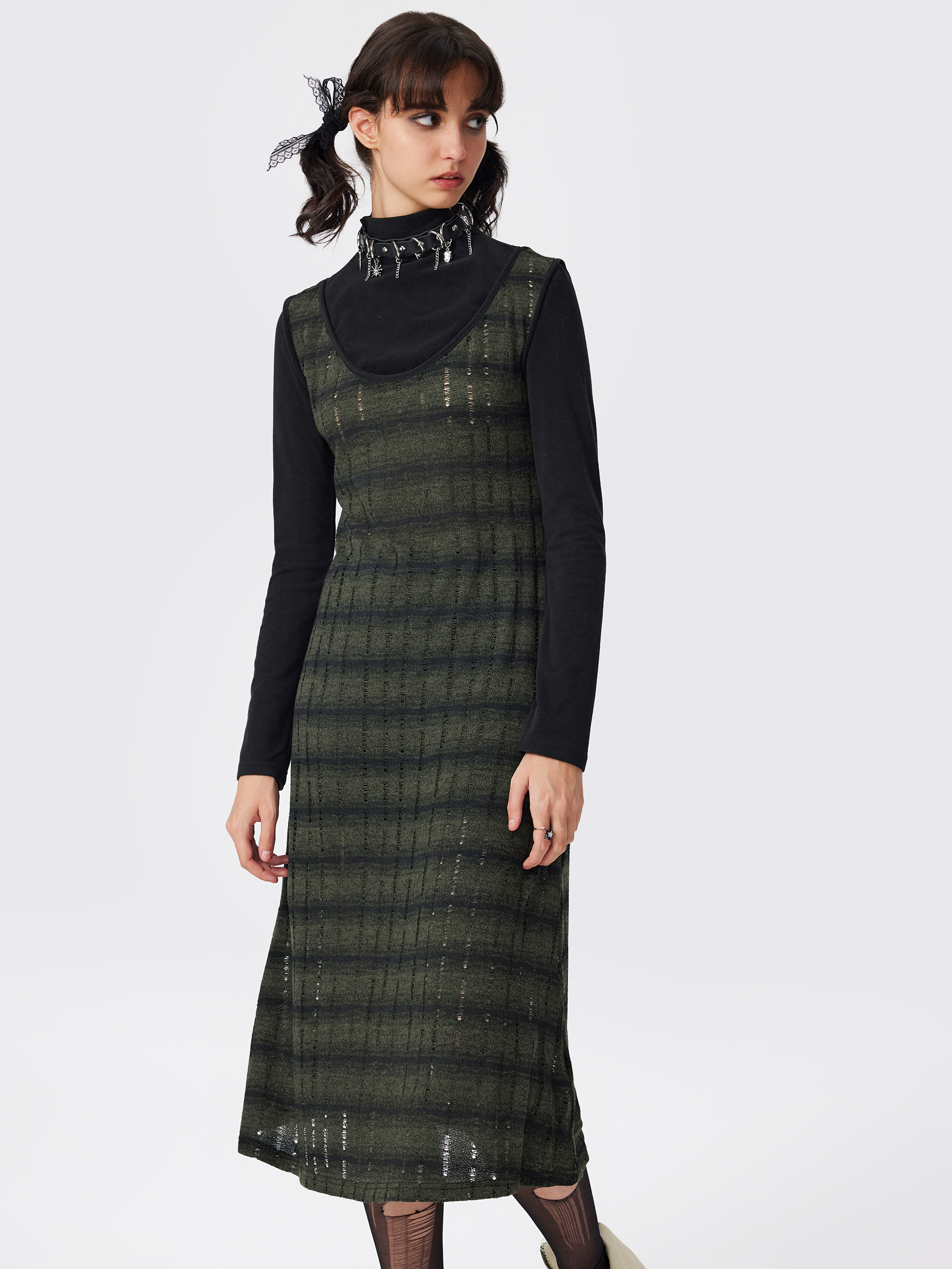 Knit High Neck Stripe Ripped Patchy Maxi Dress - Cider