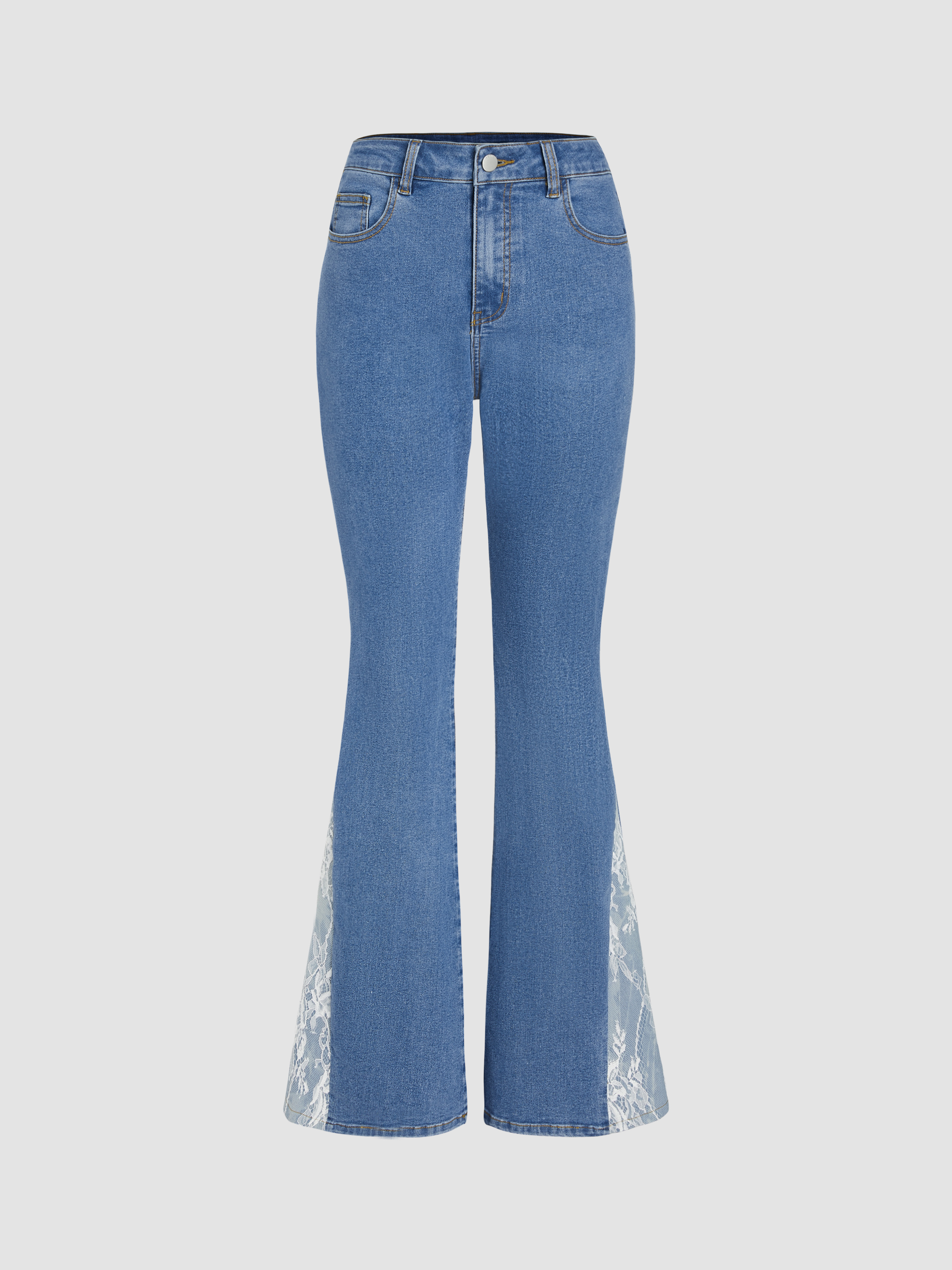 High Waist Solid Lace Button Flared Jeans For Daily Casual School