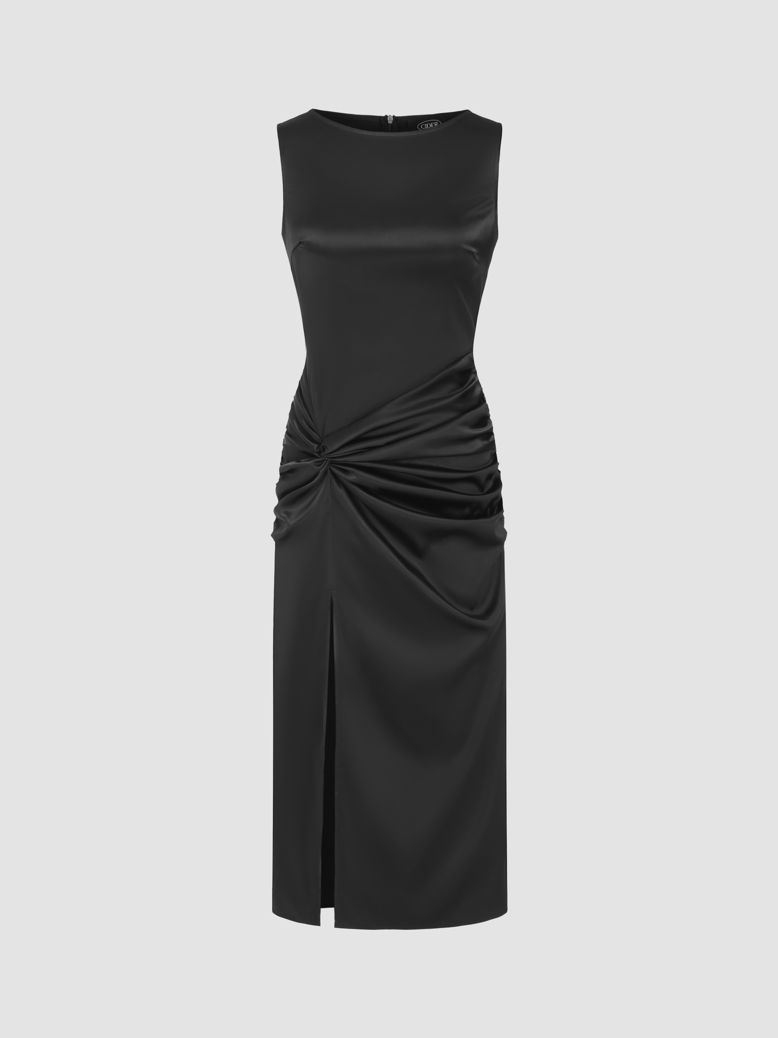 Satin U-neckline Solid Twist Split Maxi Dress - Cider