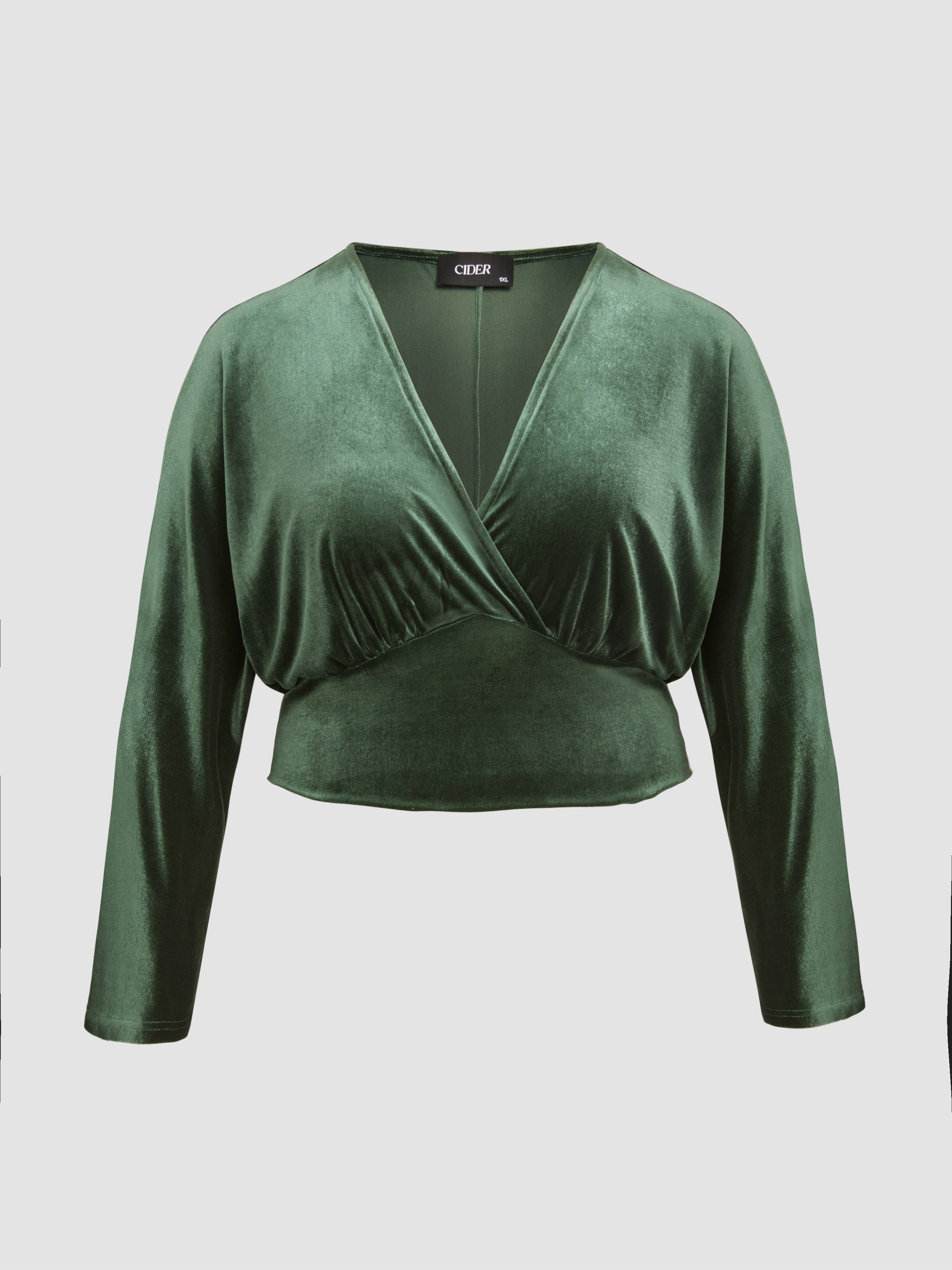 Velvet V-neck Solid Ruched Crop Long Sleeve Top Curve & Plus - Cider