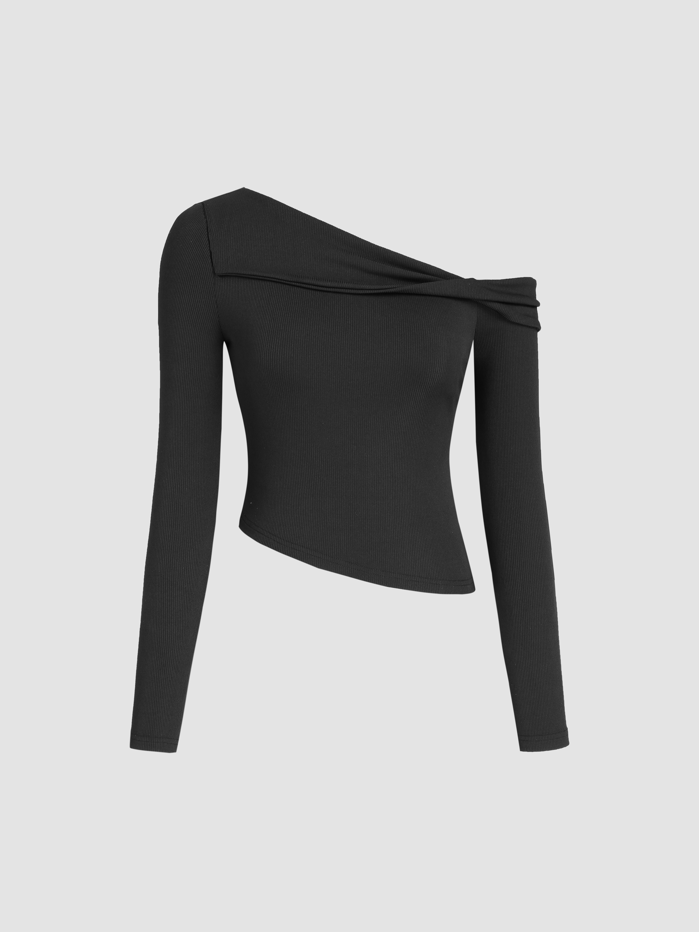 Asymmetrical Neck Solid Knotted Long Sleeve Top - Cider