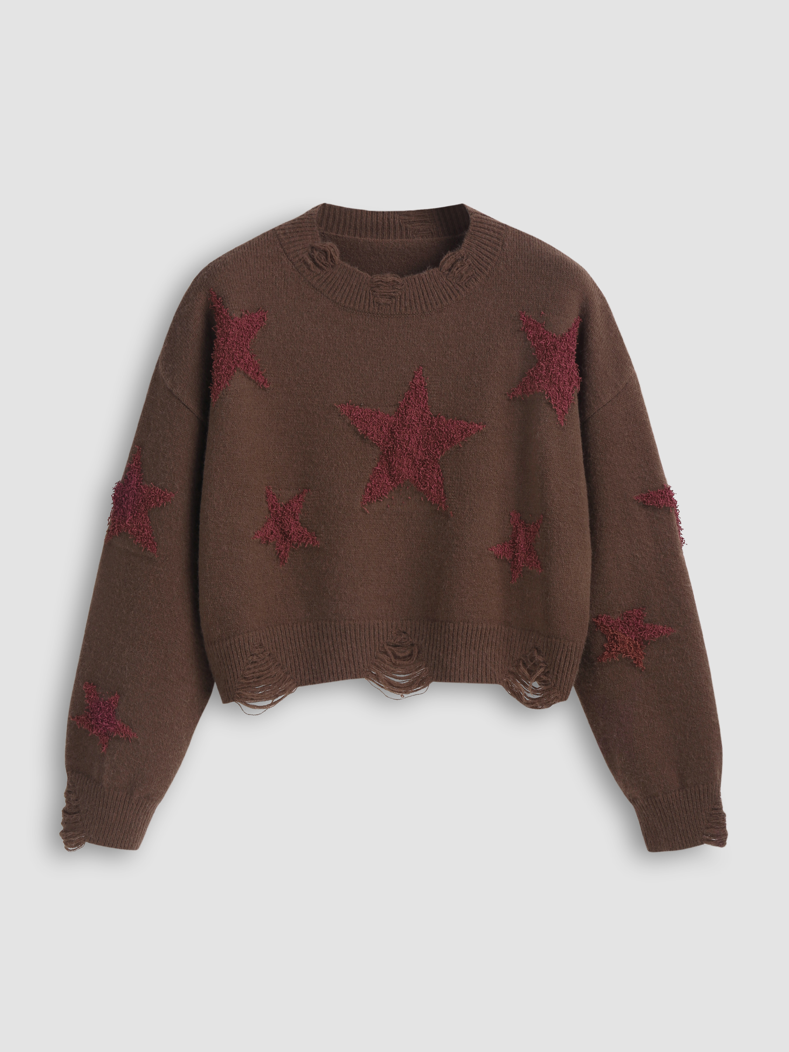 Knit Fabric Round Neckline Star Ripped Knitted Sweater Curve & Plus For ...