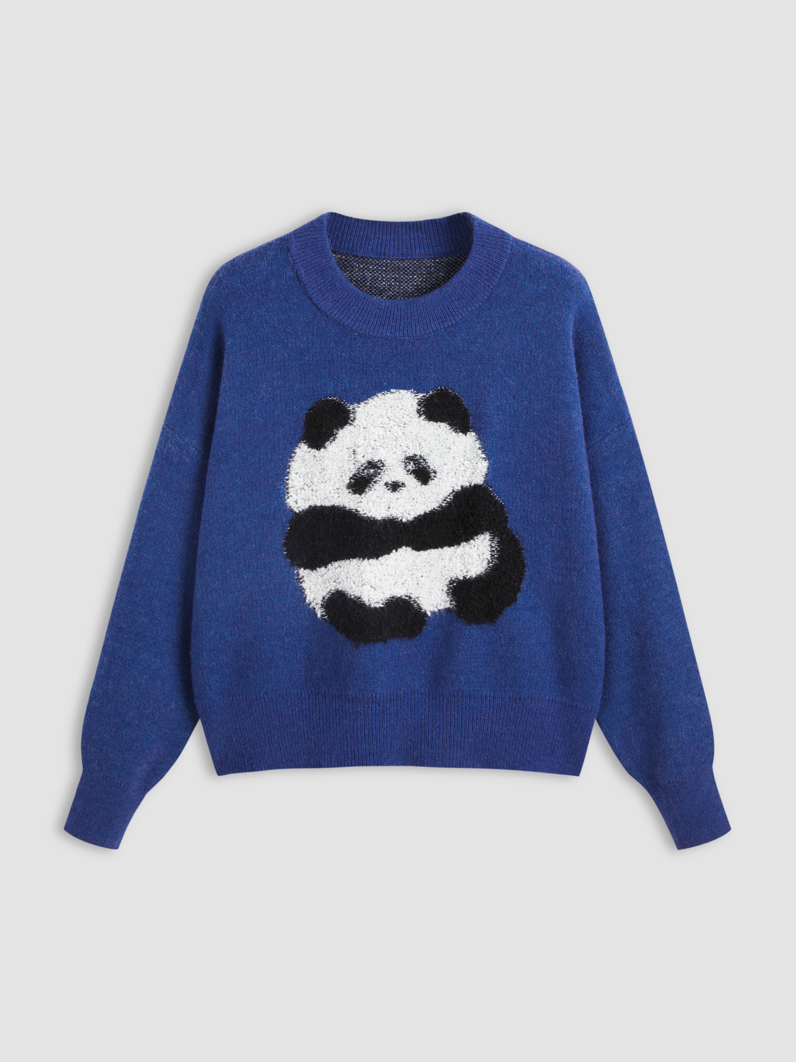 Knit Round Neckline Panda Pattern Long Sleeve Sweater Curve Plus For School Daily Casual
