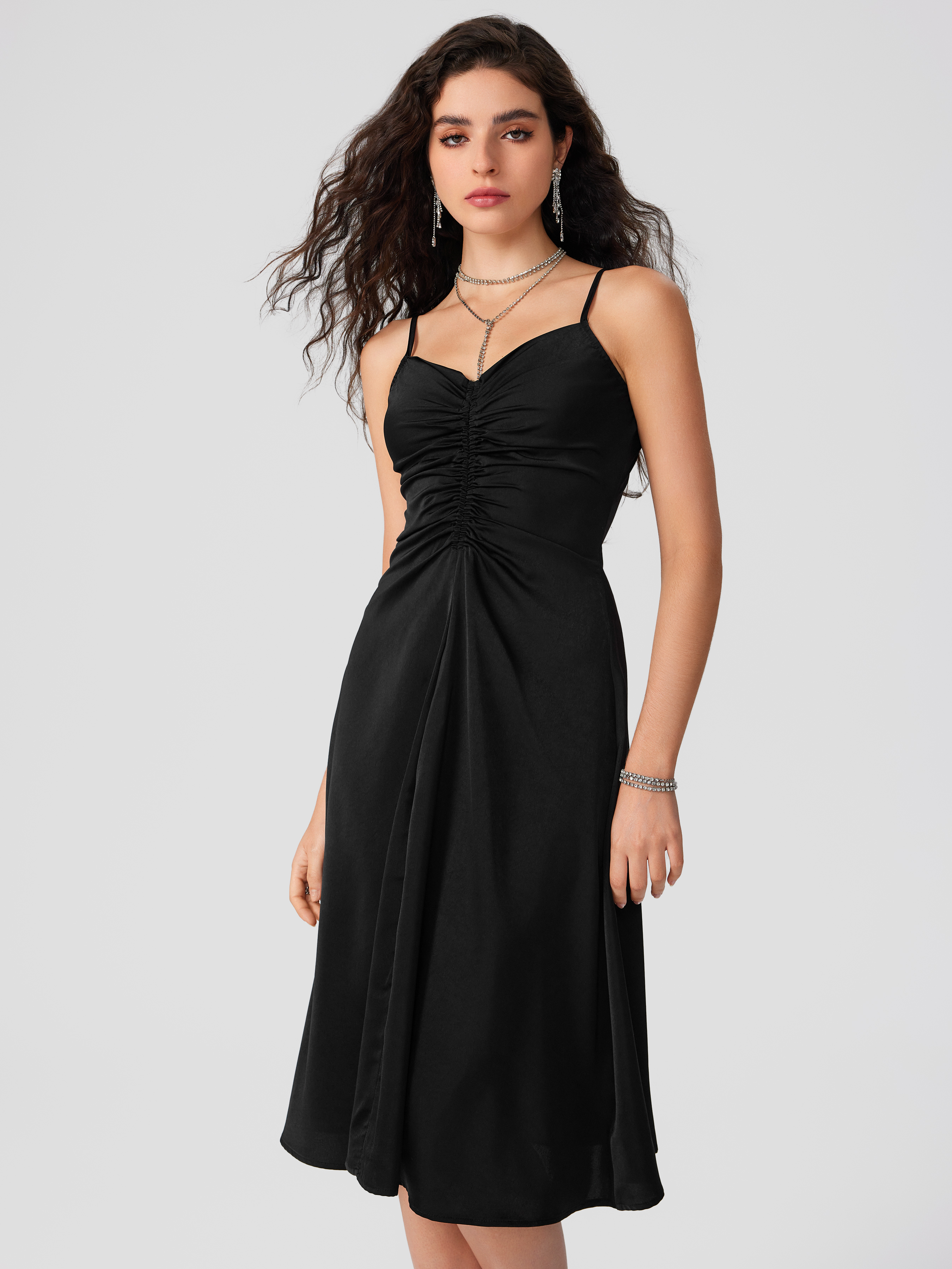 Satin Sweetheart Solid Ruched Midi Dress - Cider