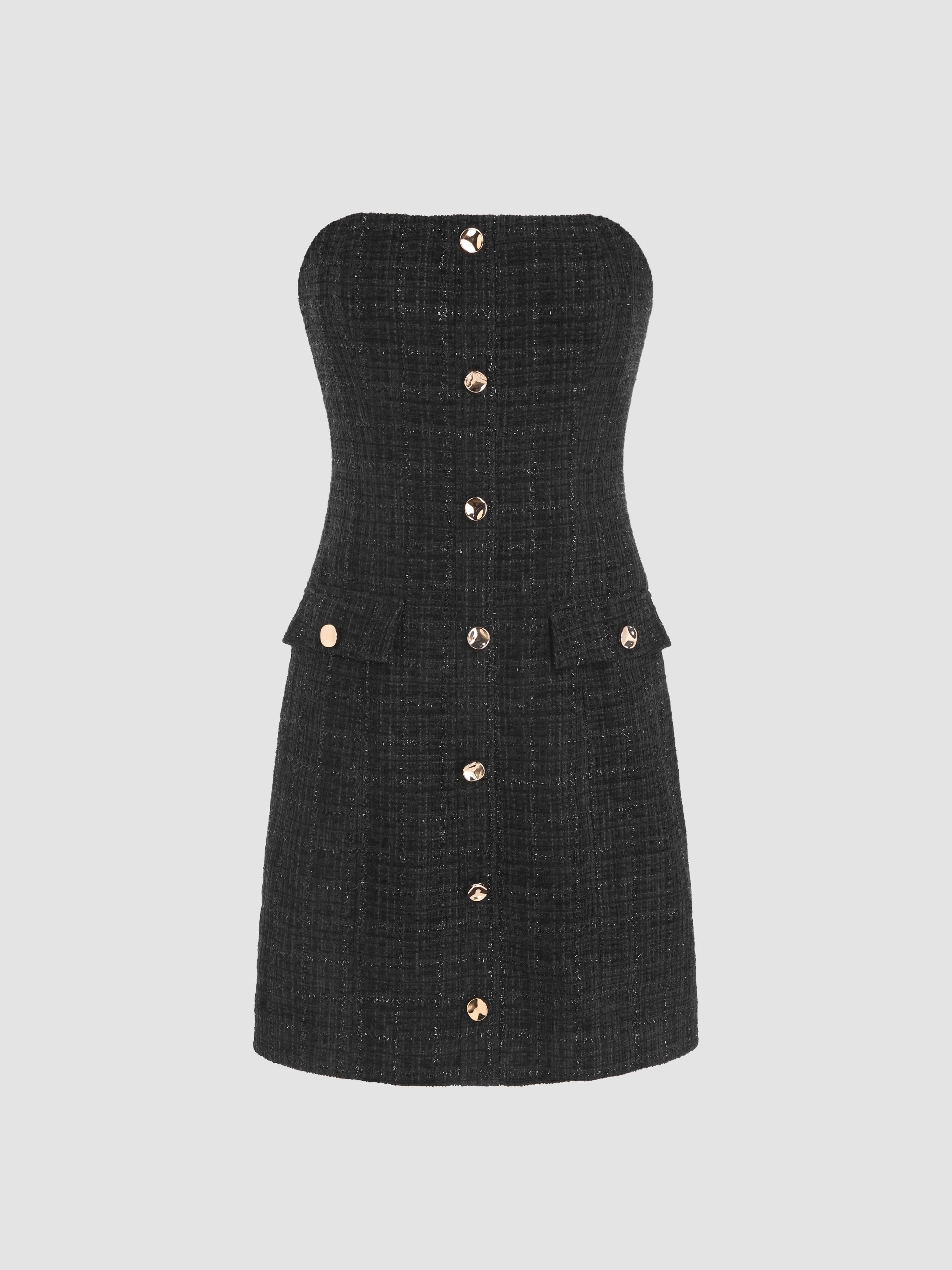 Sun Dresses Tweed Strapless Button Tube Midi Dress For Coffee Shop Work