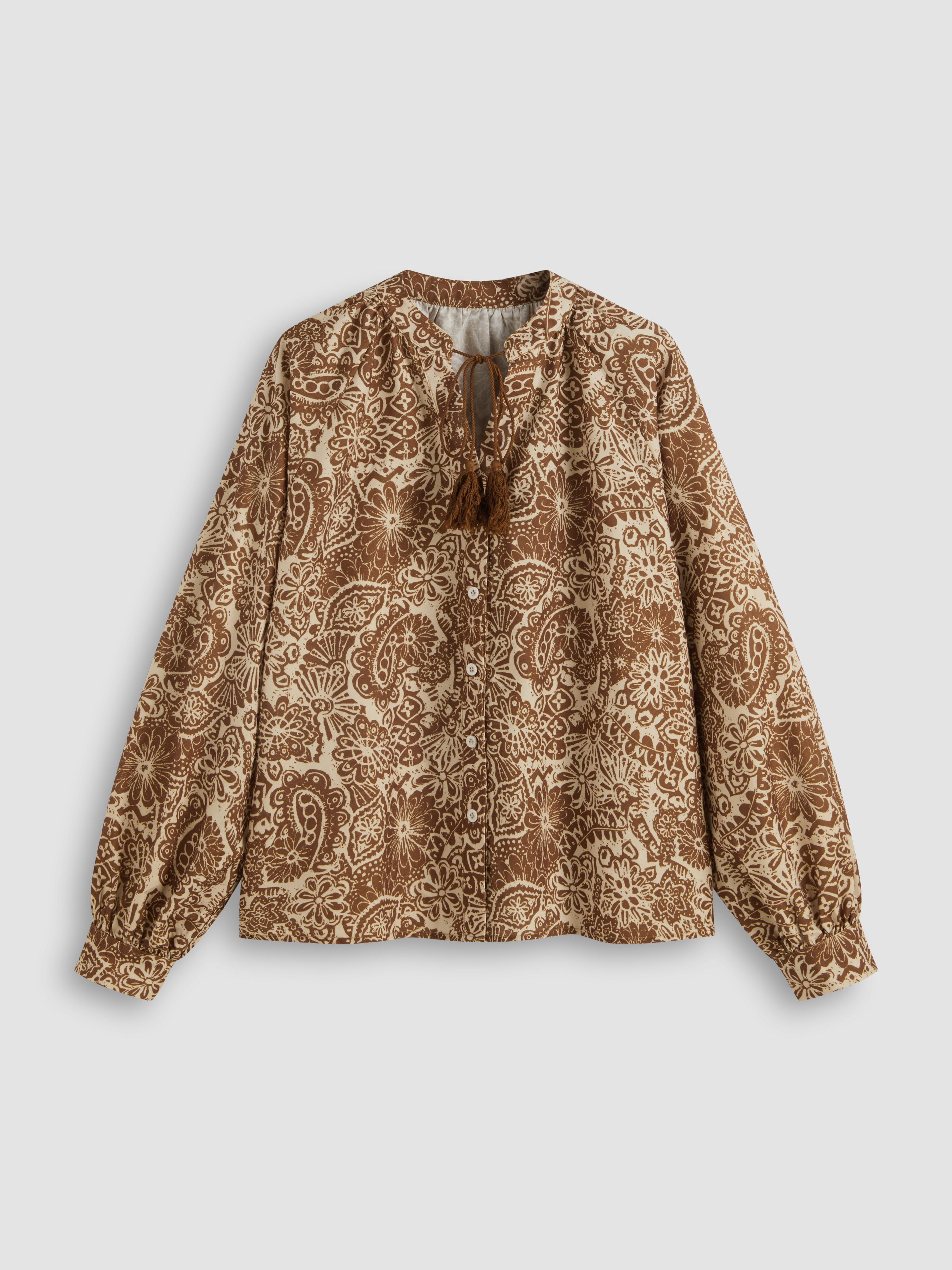 Paisley Drawstring Long Sleeve Blouse - Cider