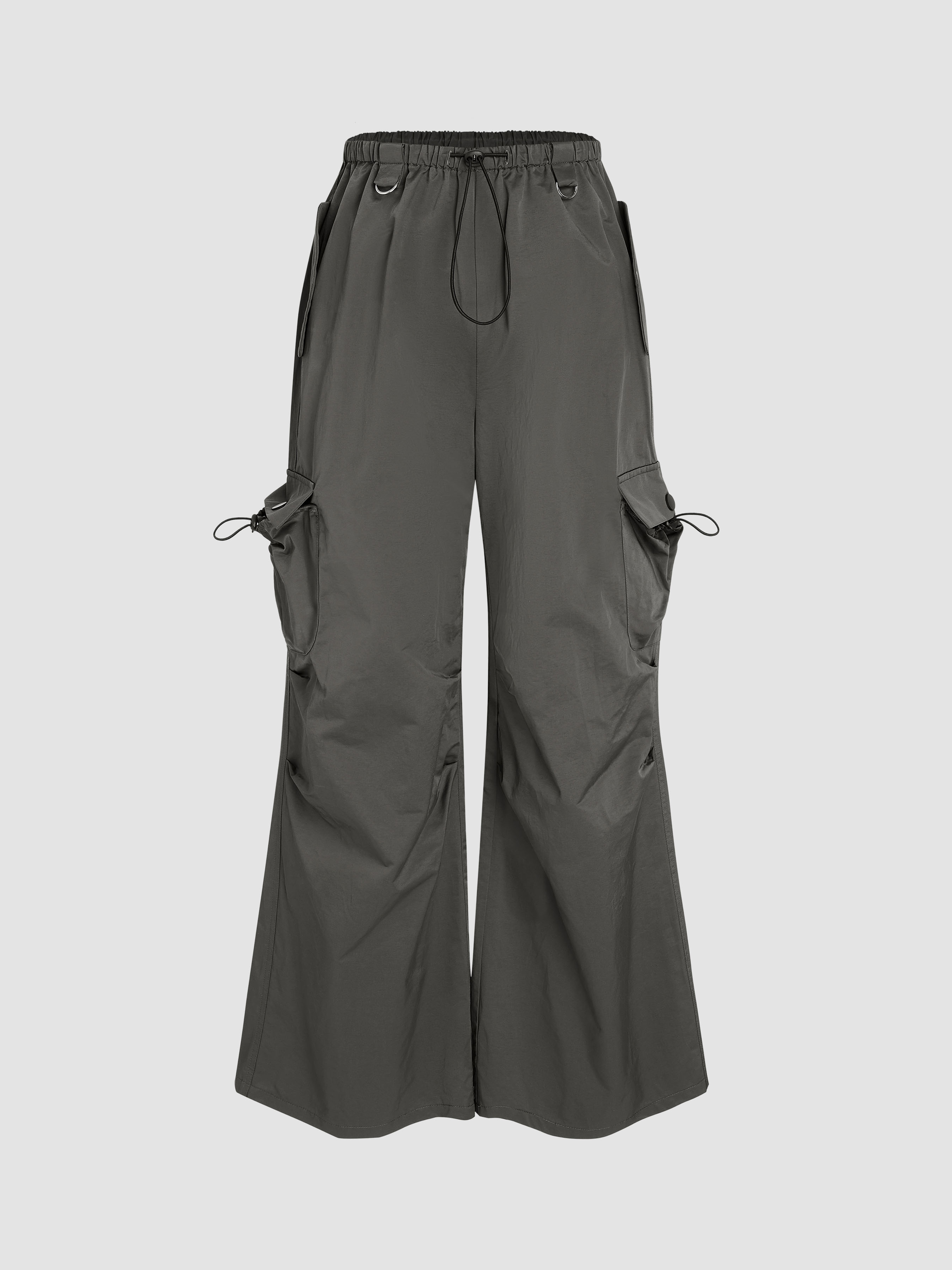 Mid Waist Solid Drawstring Wide Leg Cargo Trousers For School Music Festival/Live House Daily Casual