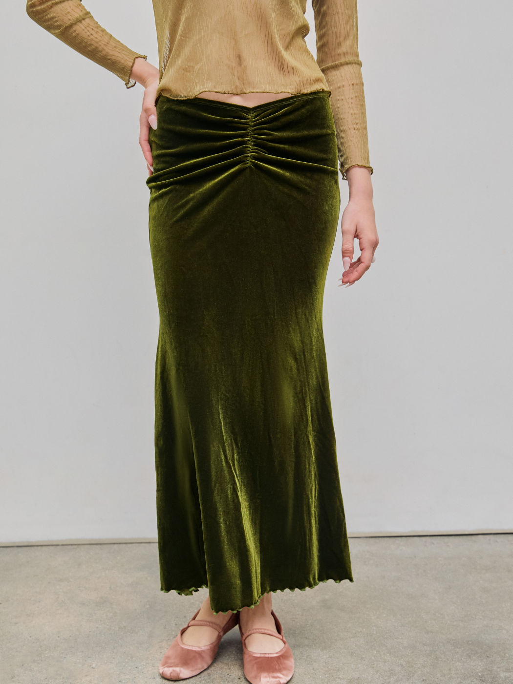 Velvet Middle Waist Solid Mermaid Maxi Skirt - Cider