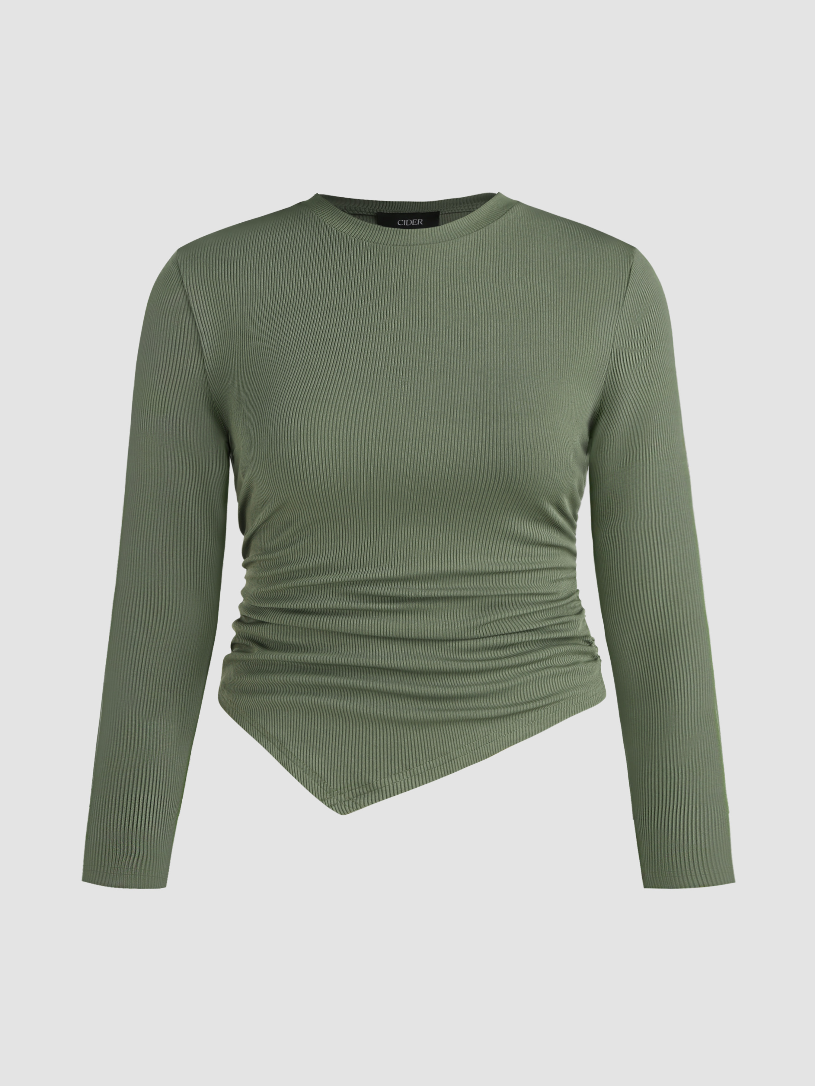 Round Neckline Ruched Long Sleeve Top Curve & Plus - Cider