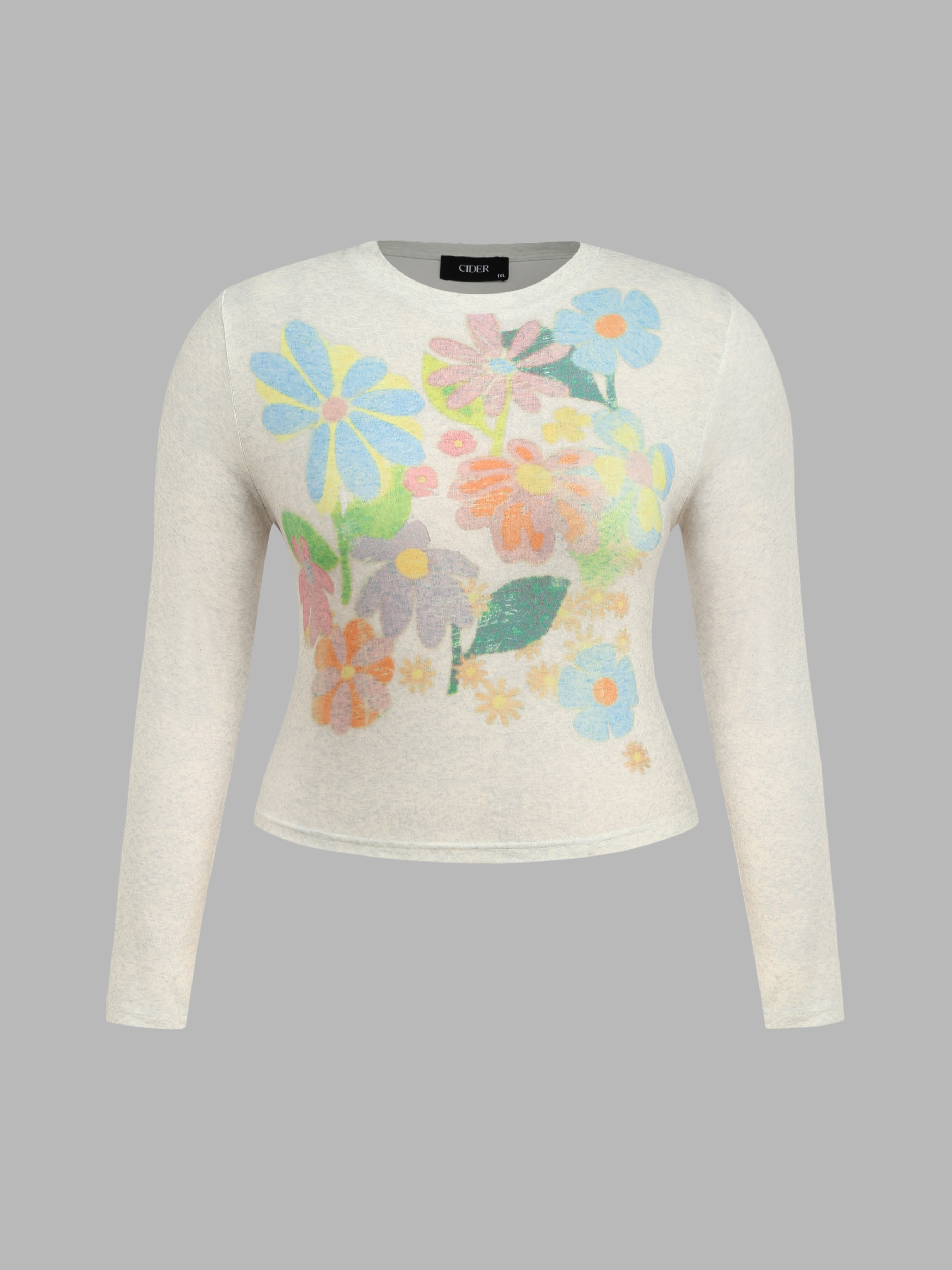 Round Neckline Floral Long Sleeve Tee Curve & Plus For Daily Casual School