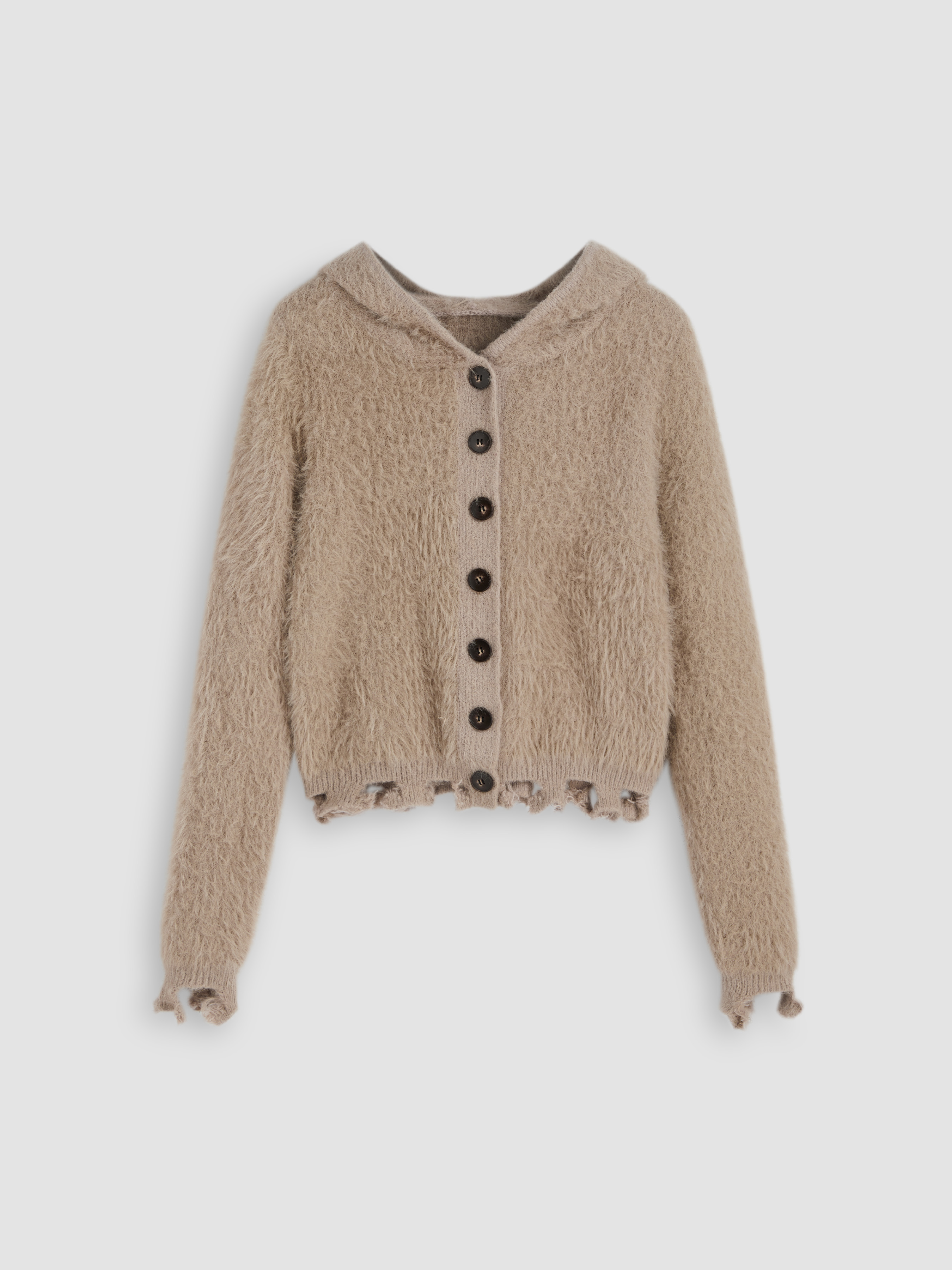 Knit Fabric Fuzzy Mohair-blend Button Ripped Hooded Knitted Cardigan ...