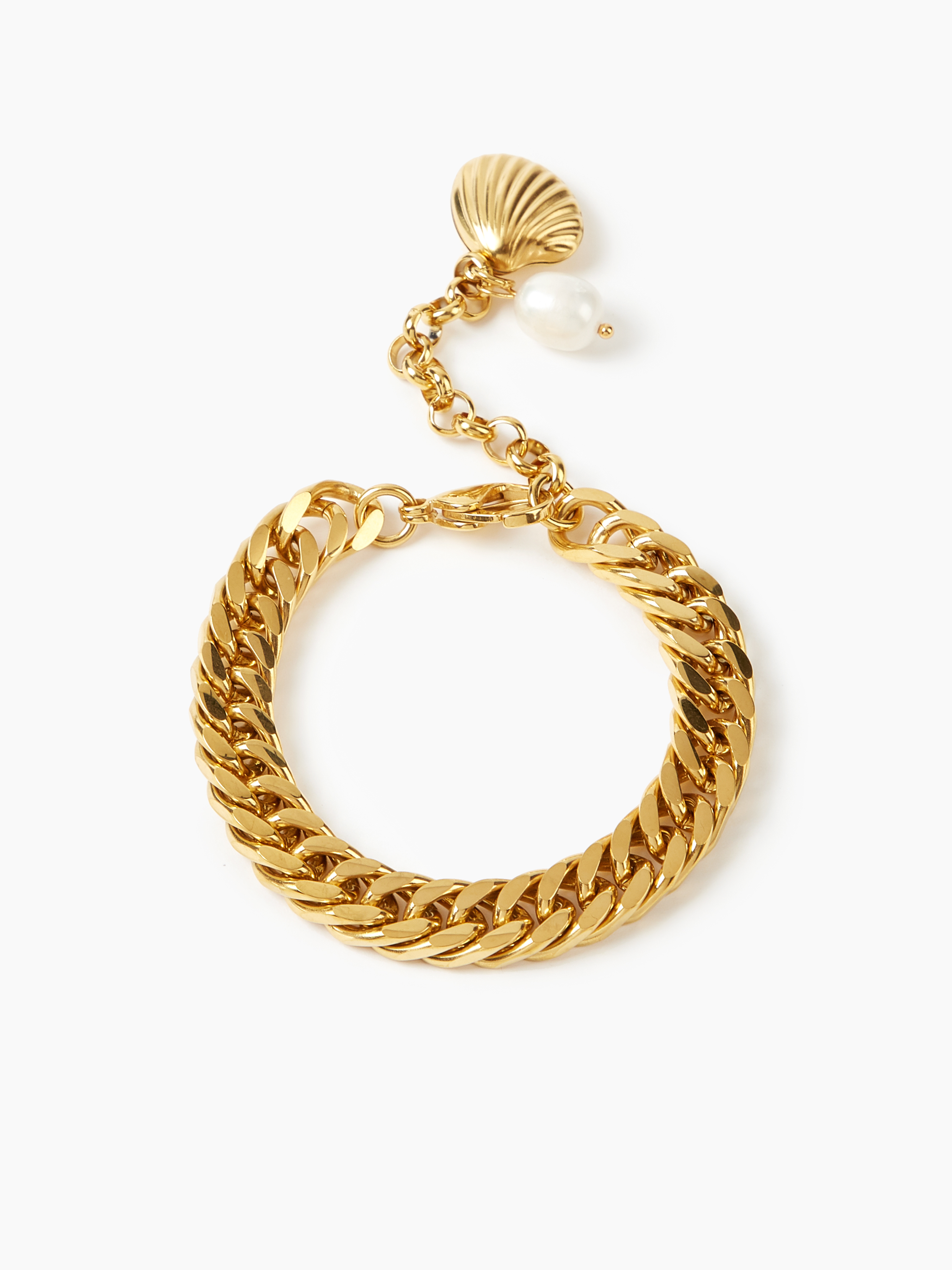 Stainless Steel 18k Gold Plated Natural Pearl & Shell Pendant Cuban ...