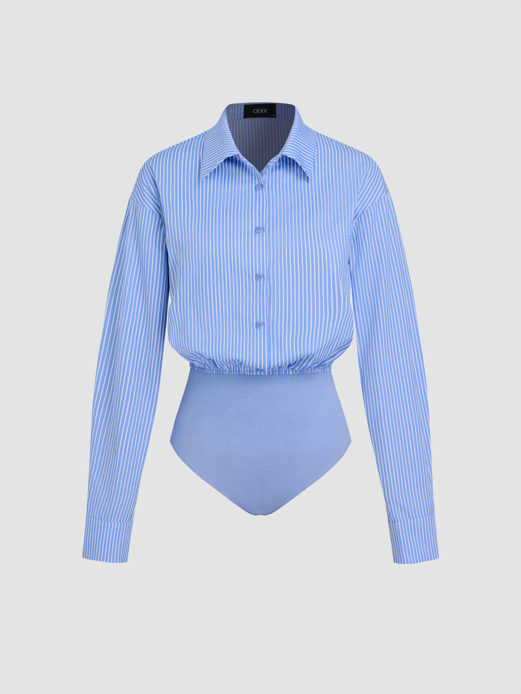 Collar Stripe Button Long Sleeve Blouse Bodysuit For Daily Casual Work