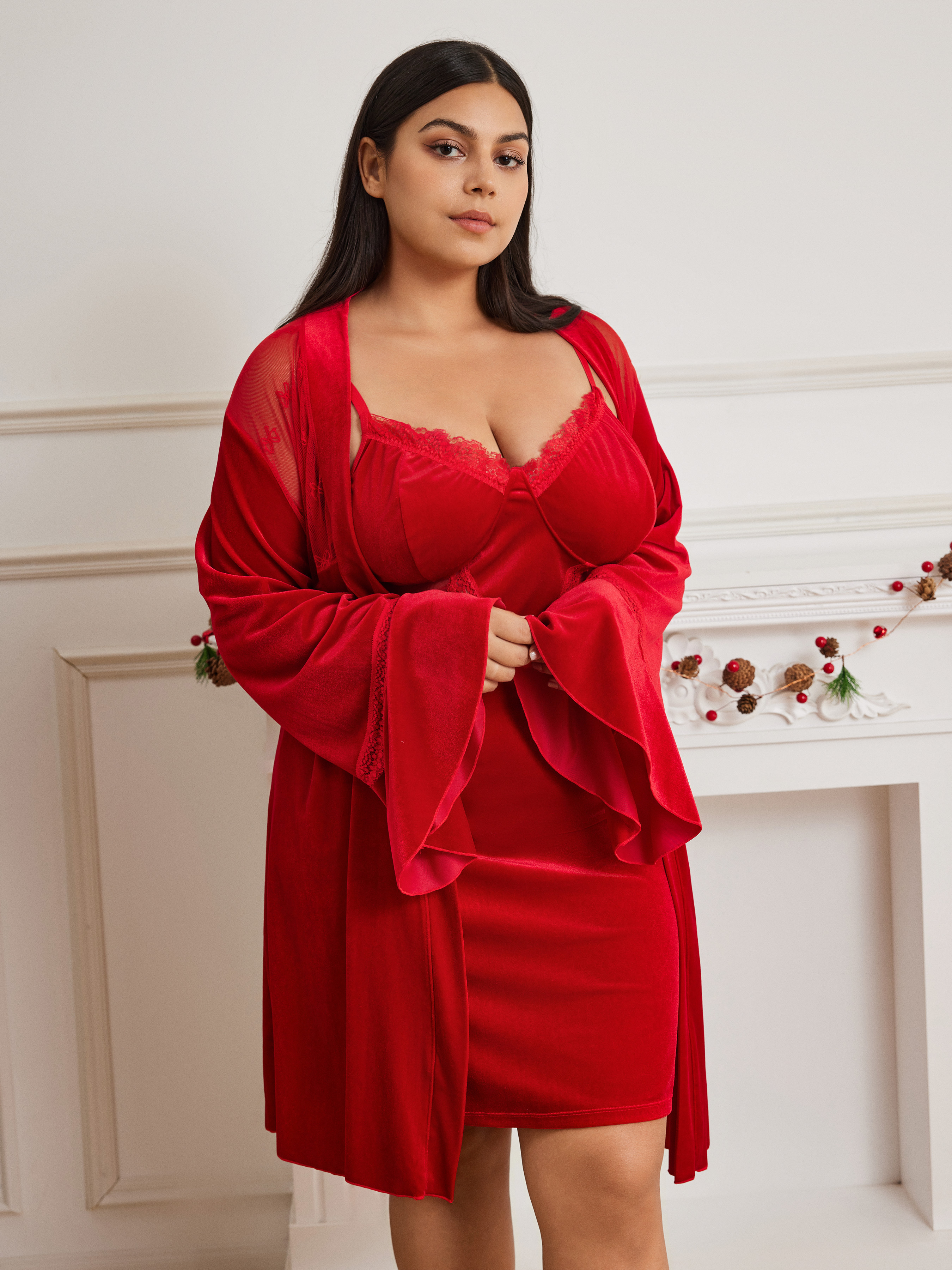 Velvet Solid Bowknot Belted Robe Curve & Plus - Cider