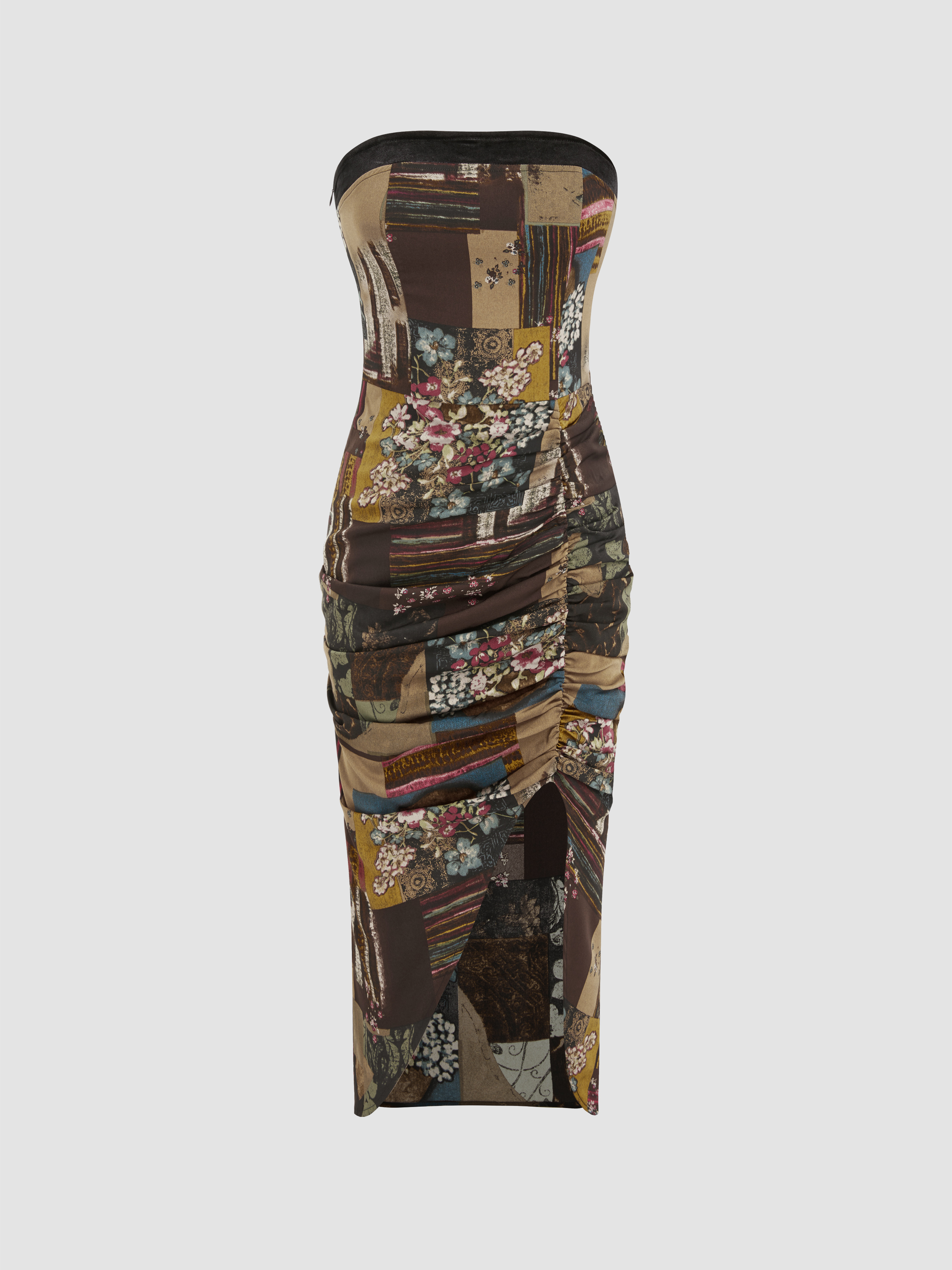 Strapless Floral Ruched Split Tube Midi Dress - Cider