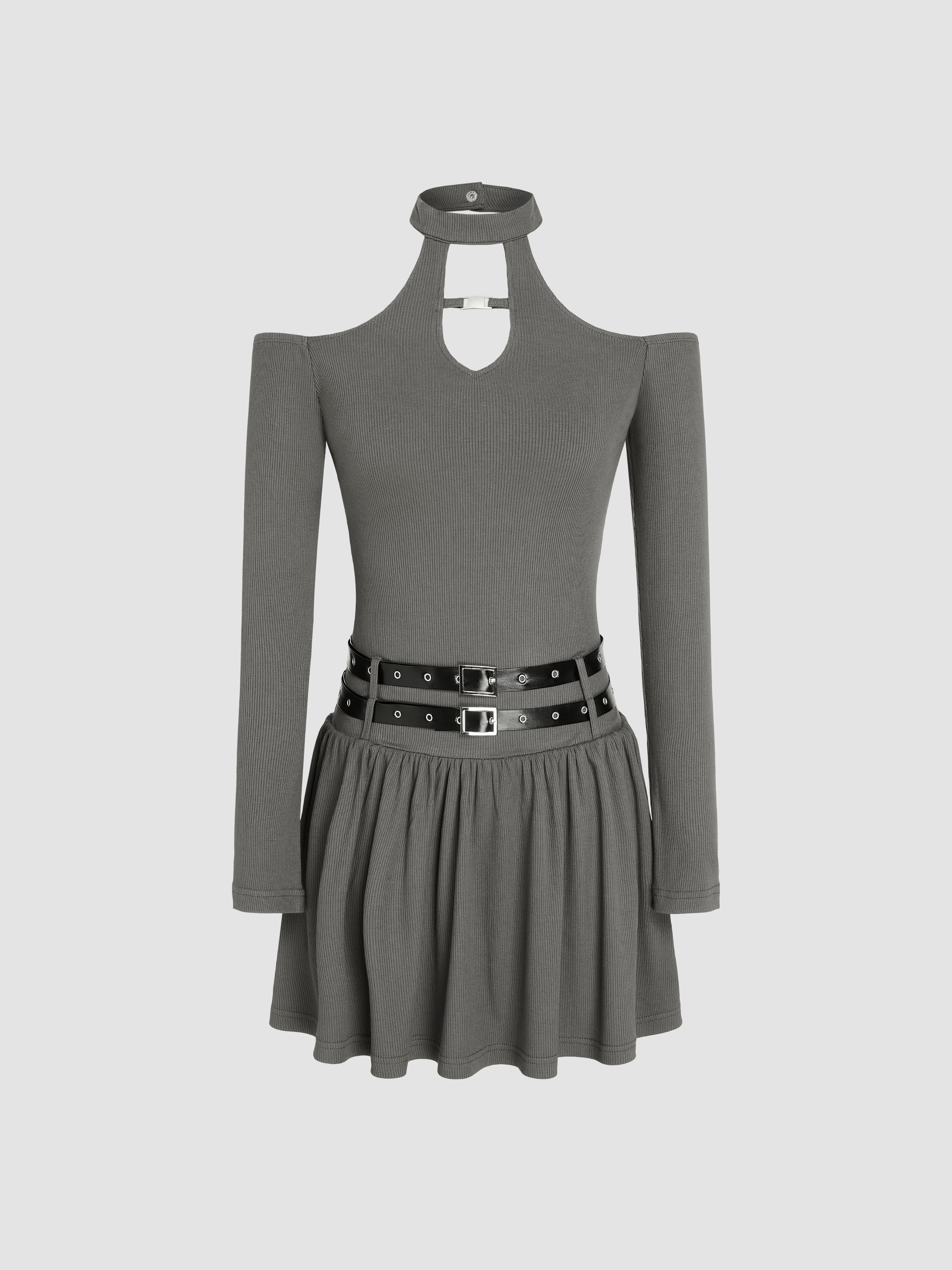 Off-shoulder Halter Neckline Solid Belted Knitted Mini Dress - Cider