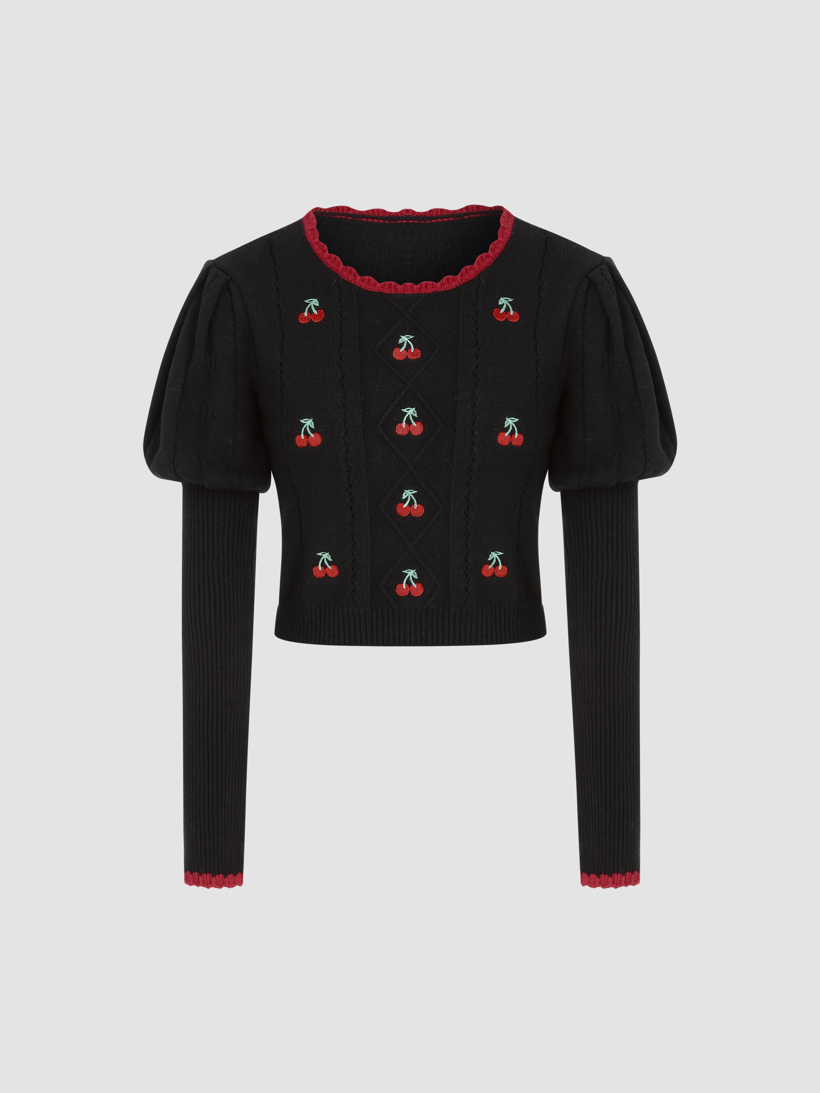 Material Gigot Sleeve Cherry Crop Sweater For Occasion Occasion ...