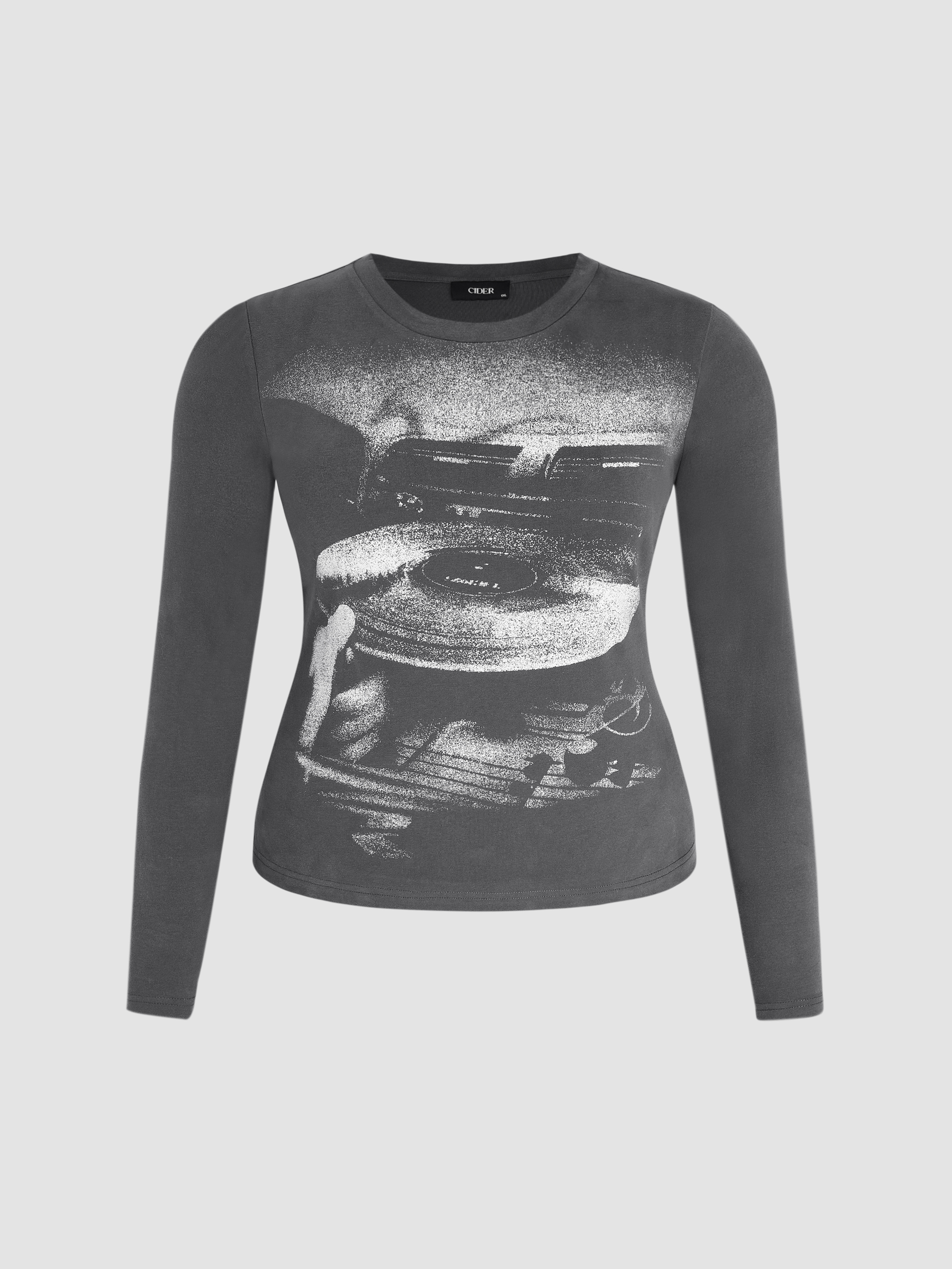 Round Neckline Graphic Long Sleeve Tee Curve & Plus - Cider