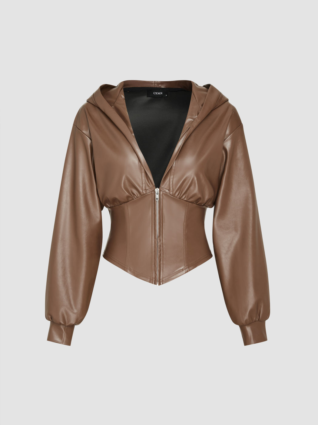 Faux Leather Zipper Corset Hoodie - Cider