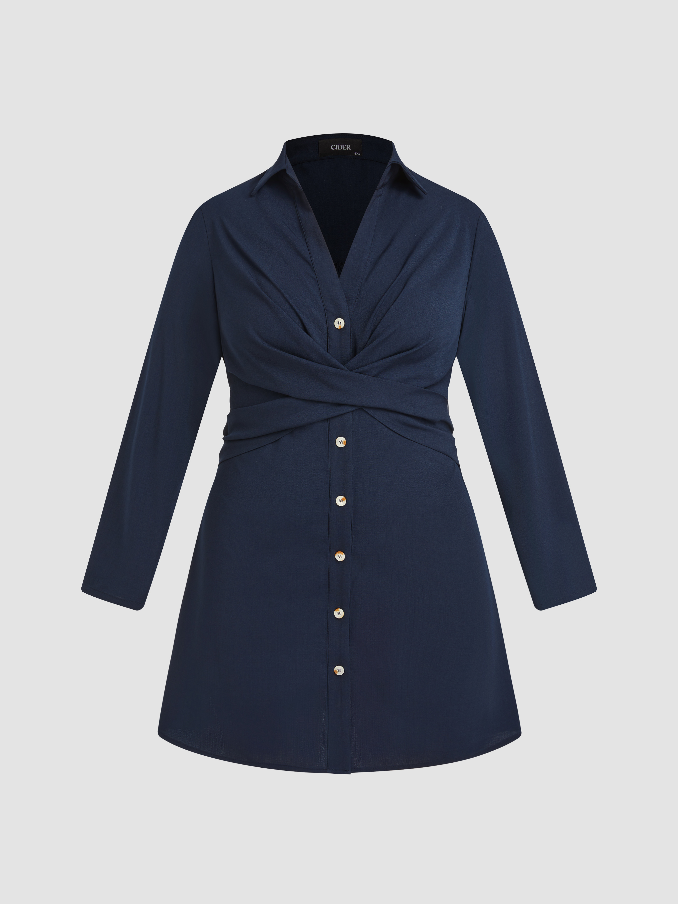 Woven Button Zip Long Sleeve Mini Dress Curve & Plus For Daily Casual Coffee Shop