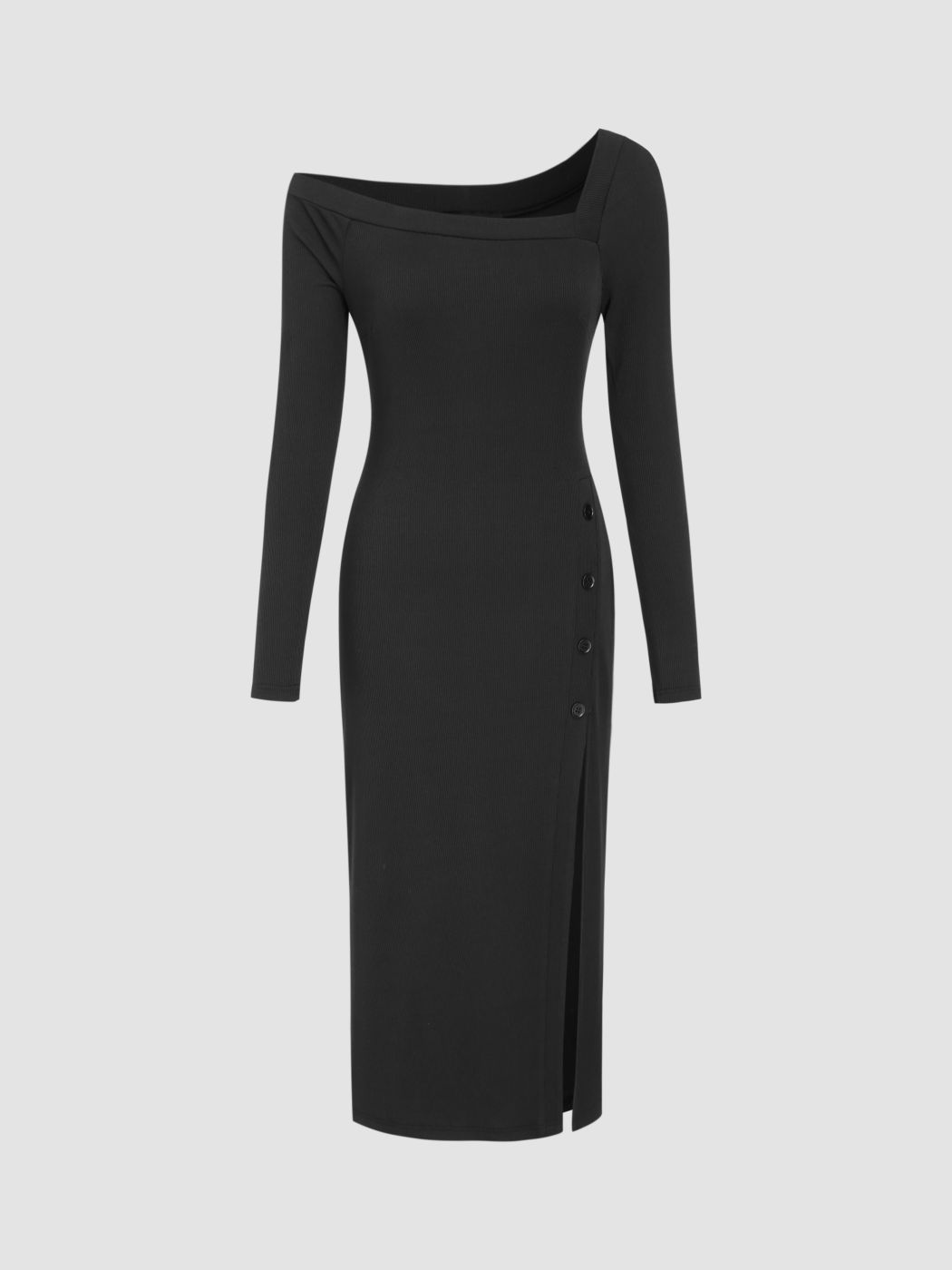 Rib Asymmetrical Neck Split Long Sleeve Midi Dress For Date Work
