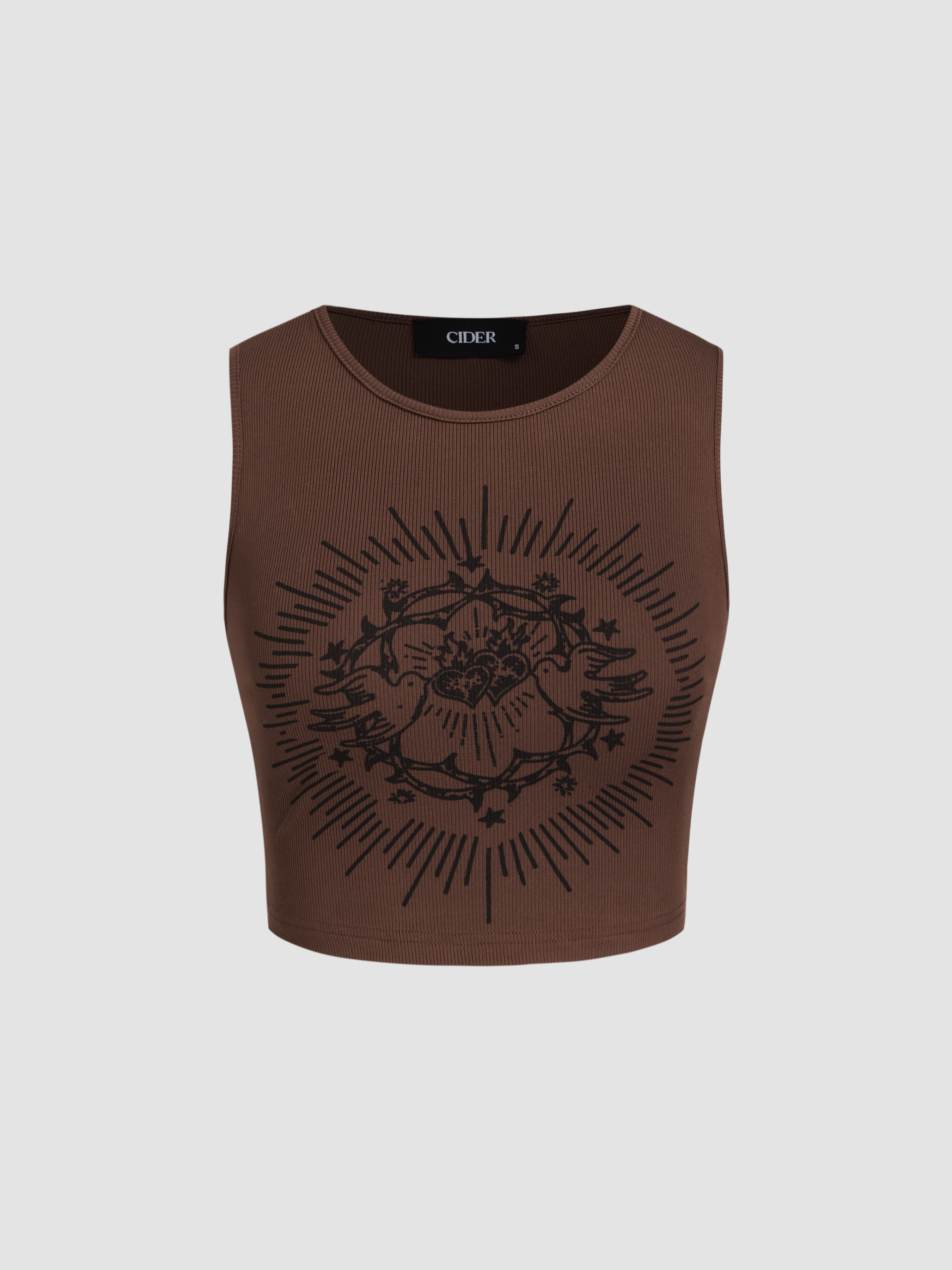 Rib Round Neck Graphic Tank Top - Cider
