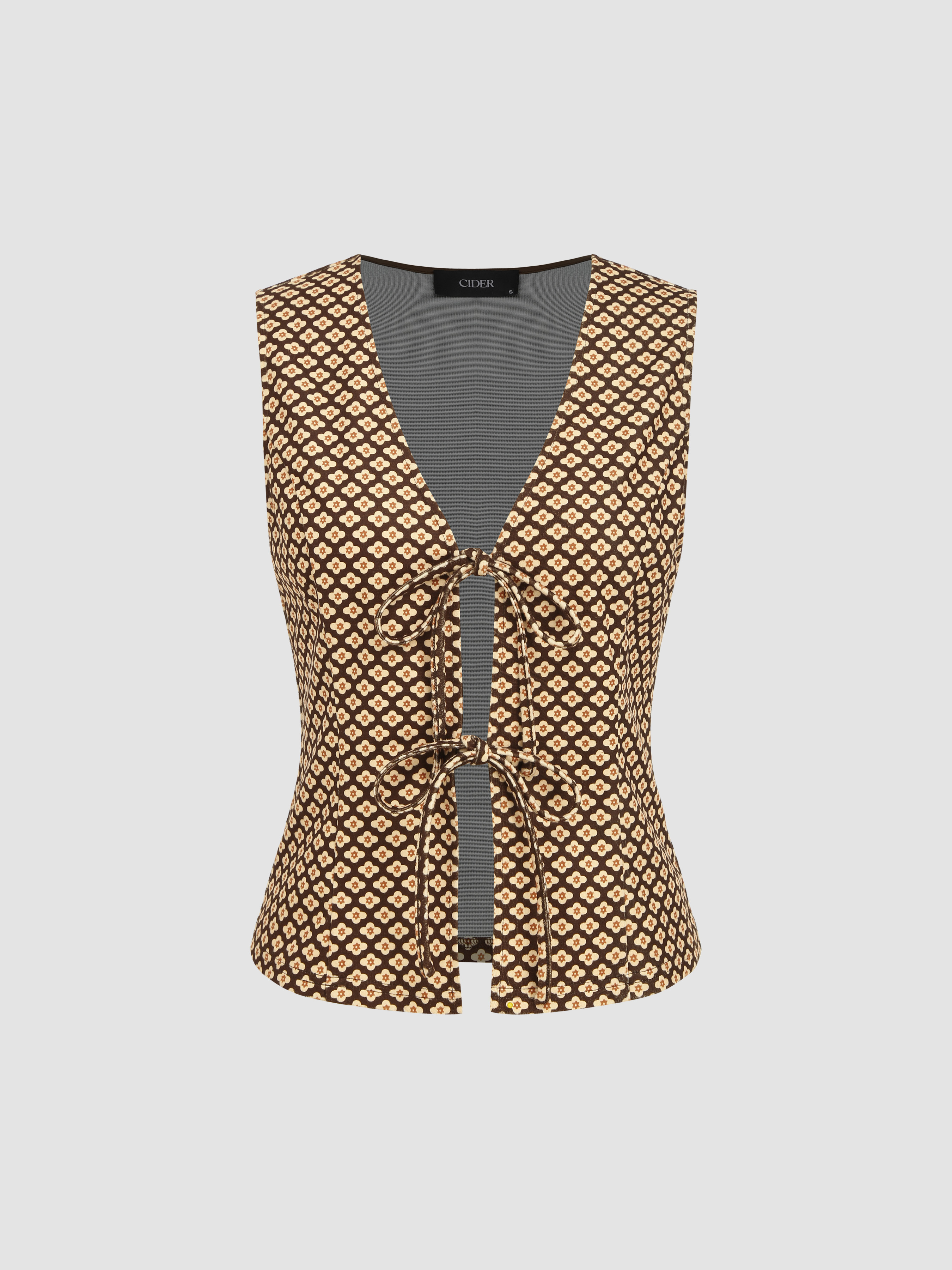 Knit V-neck Geometric Flower Bowknot Vest For Date Coffee Shop
