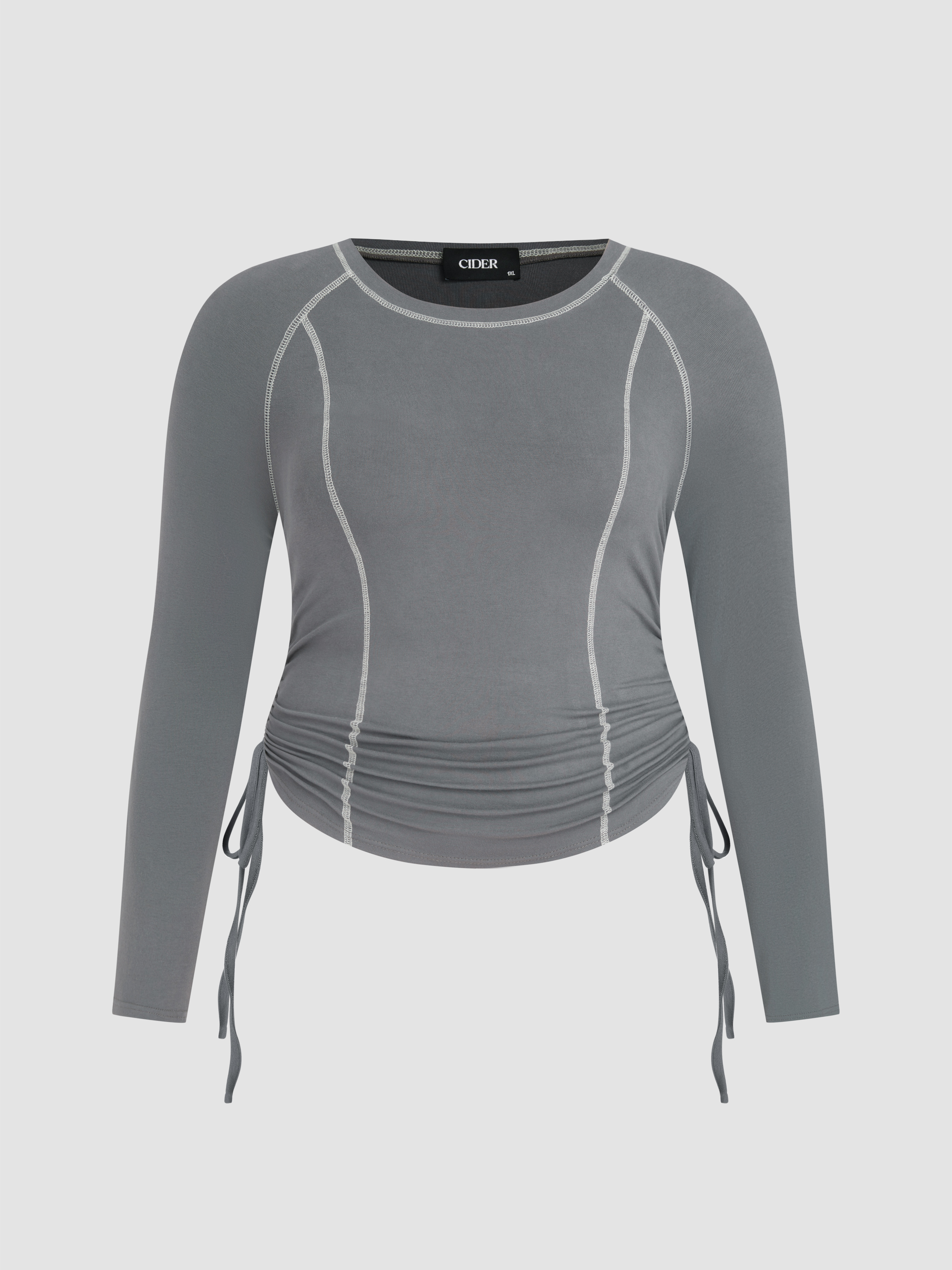Round Neckline Contrasting Binding Drawstring Long Sleeve Top Curve ...